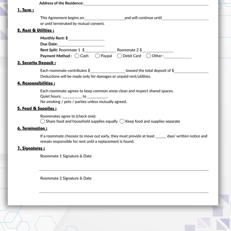 Editable Roommate Agreement, Simple Room Rental Agreement Form Template ...