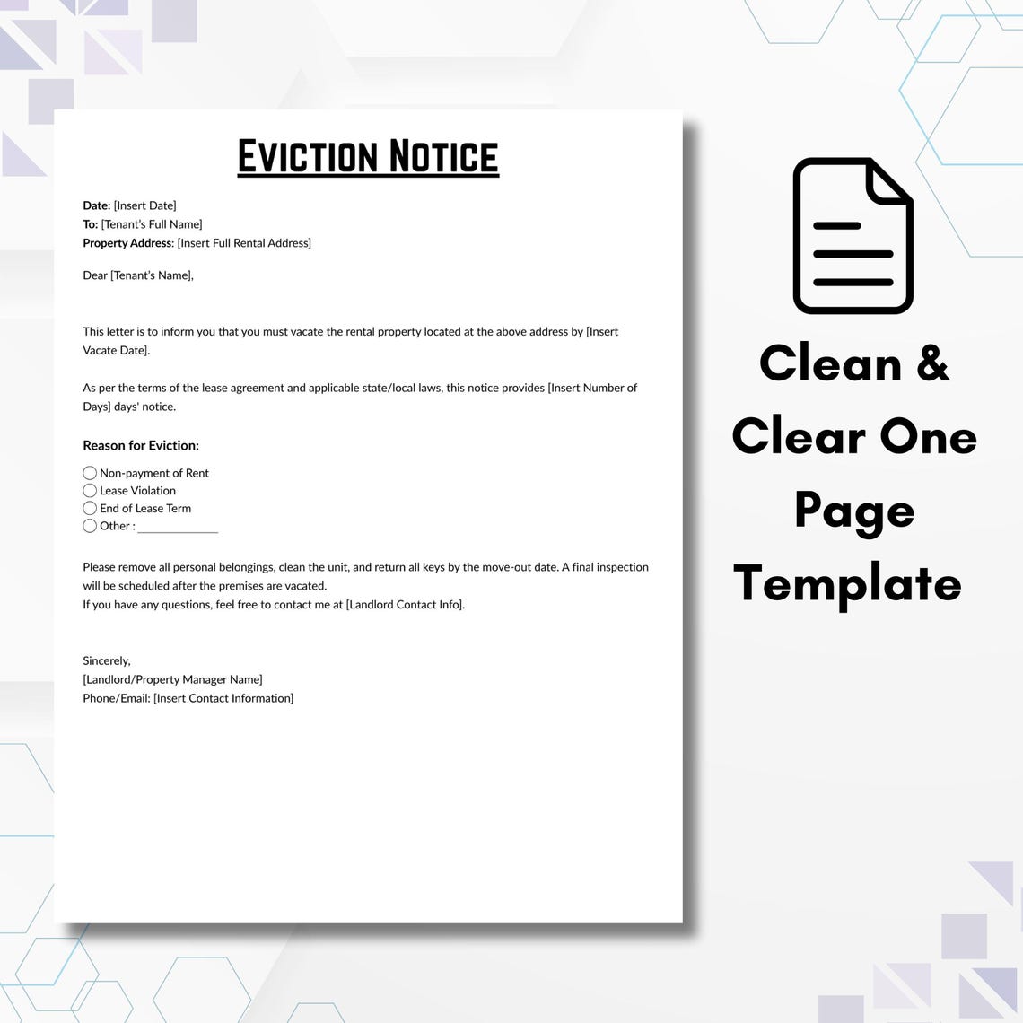 Editable Eviction Notice Template, Single Page Landlord Notice to Vacate Form, Printable Lease ...