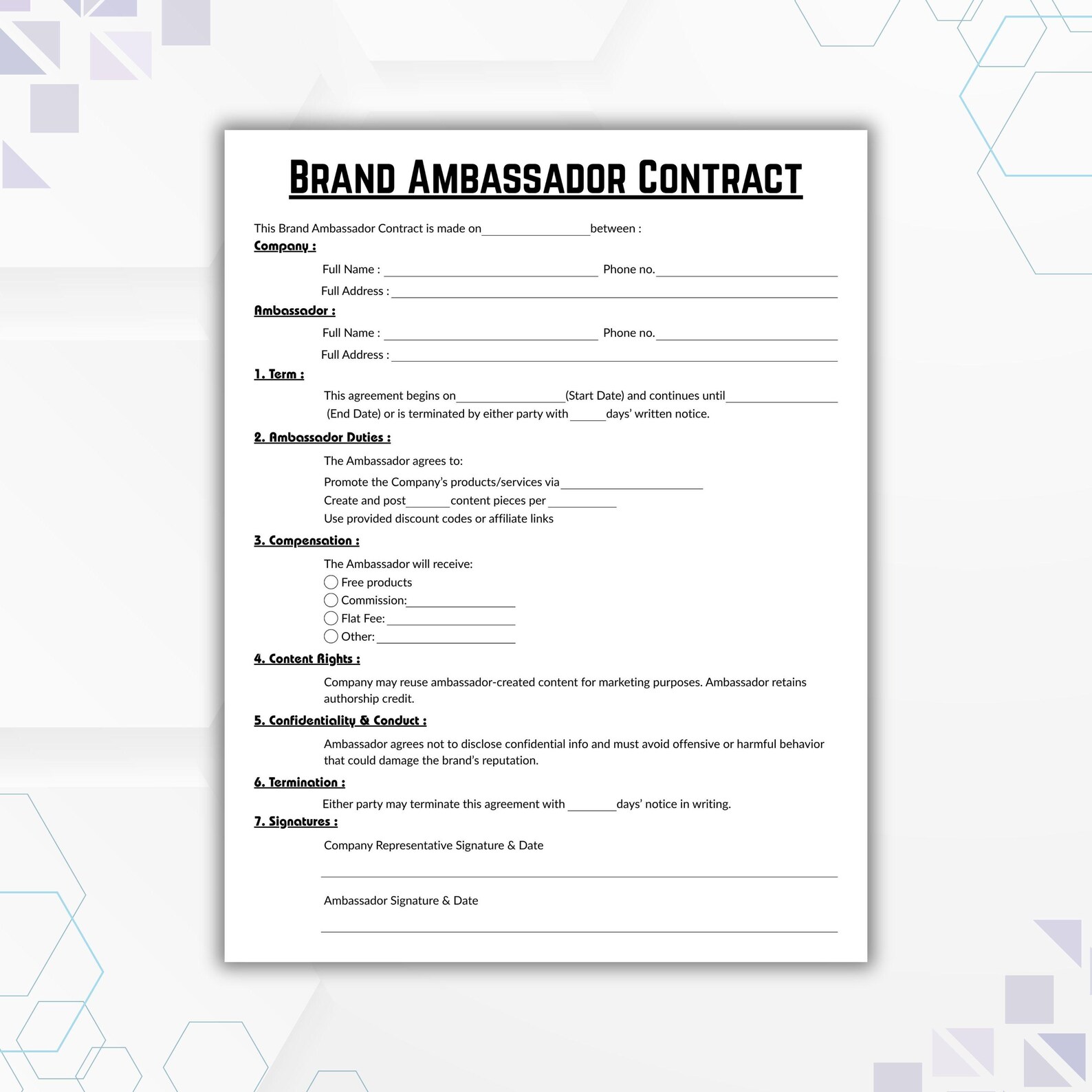 Editable Brand Ambassador Contract Template, Single Page Influencer ...