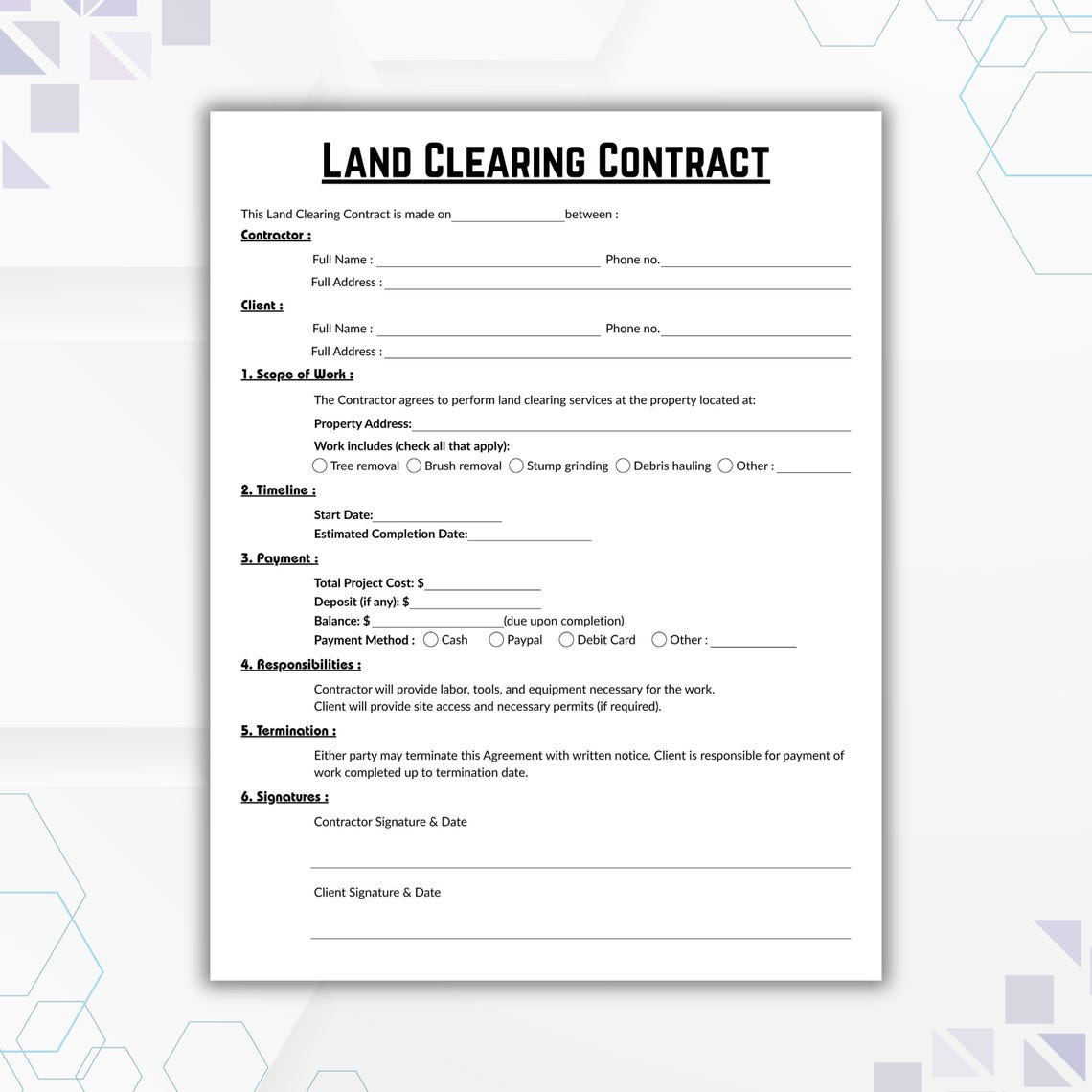 Editable Land Clearing Contract, Simple Land Management Document Form Template, Printable Land ...