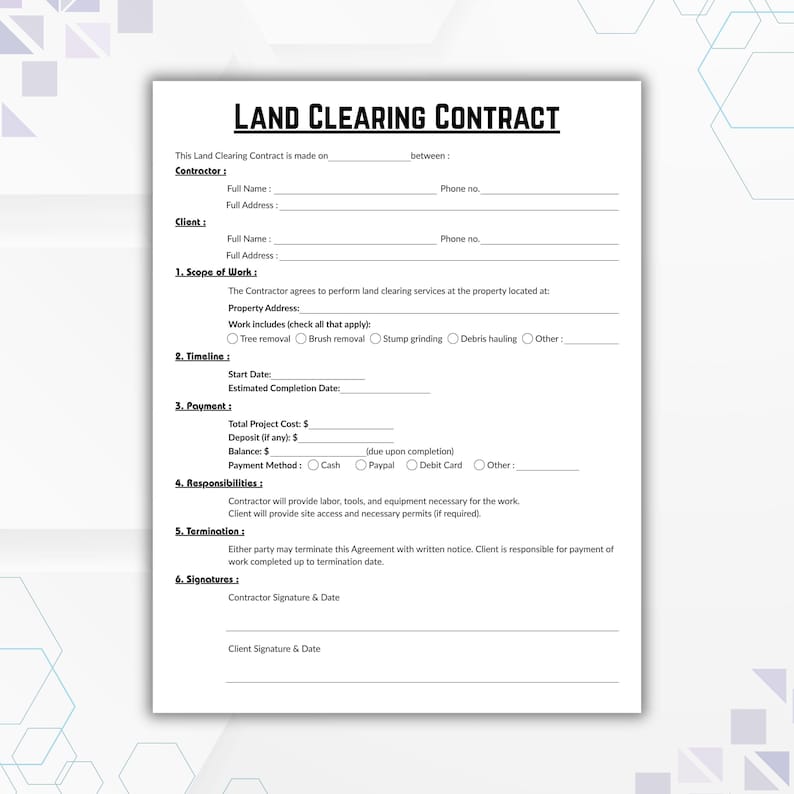 Editable Land Clearing Contract, Simple Land Management Document Form Template, Printable Land ...