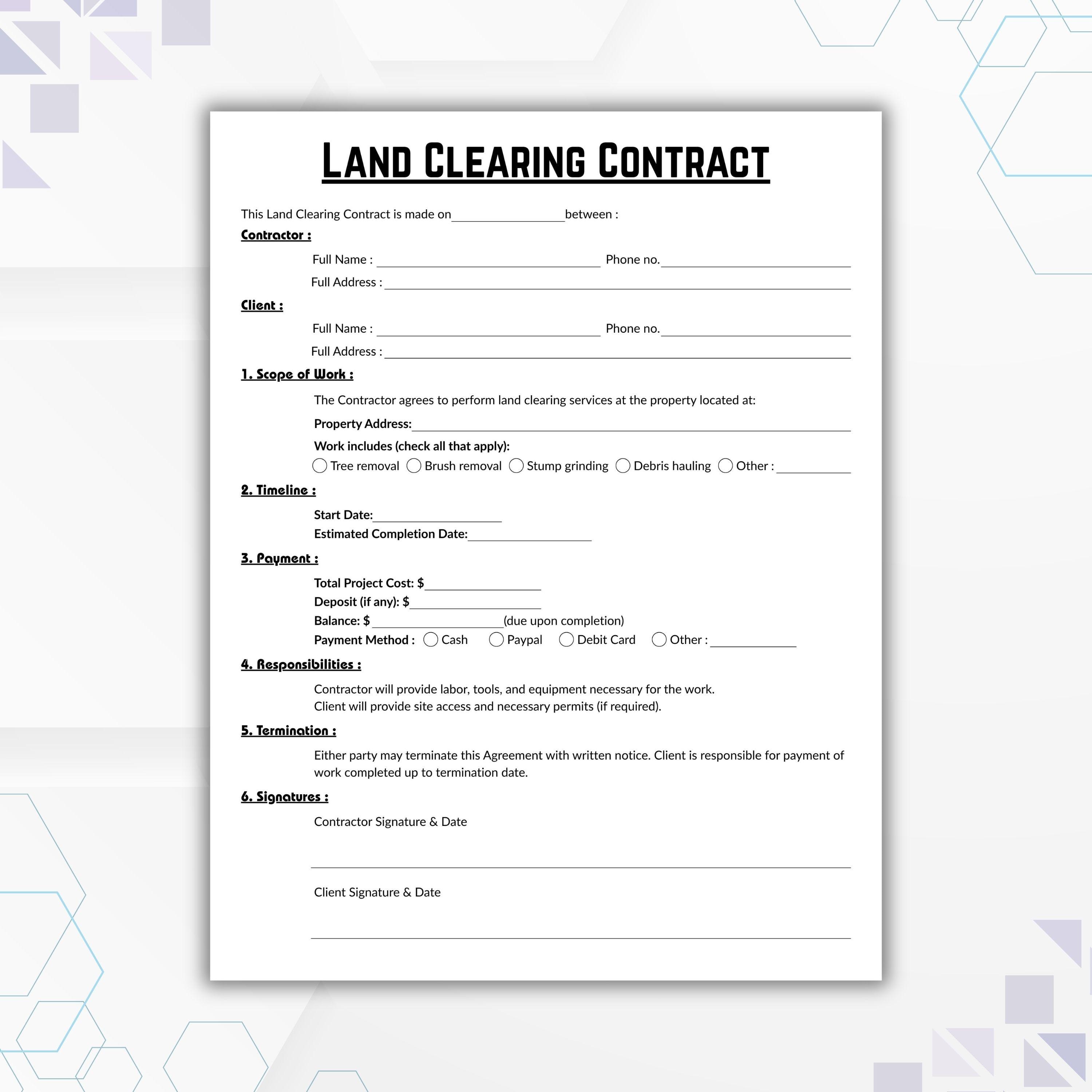 Editable Land Clearing Contract, Simple Land Management Document Form ...