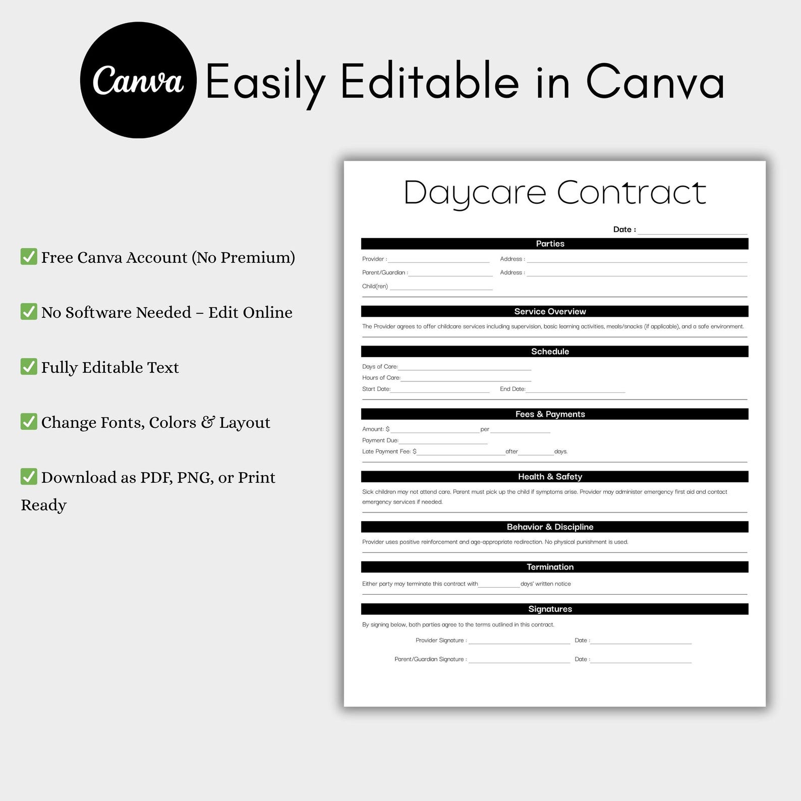 Minimalist Daycare Contract Black, Simple Editable Daycare Agreement ...