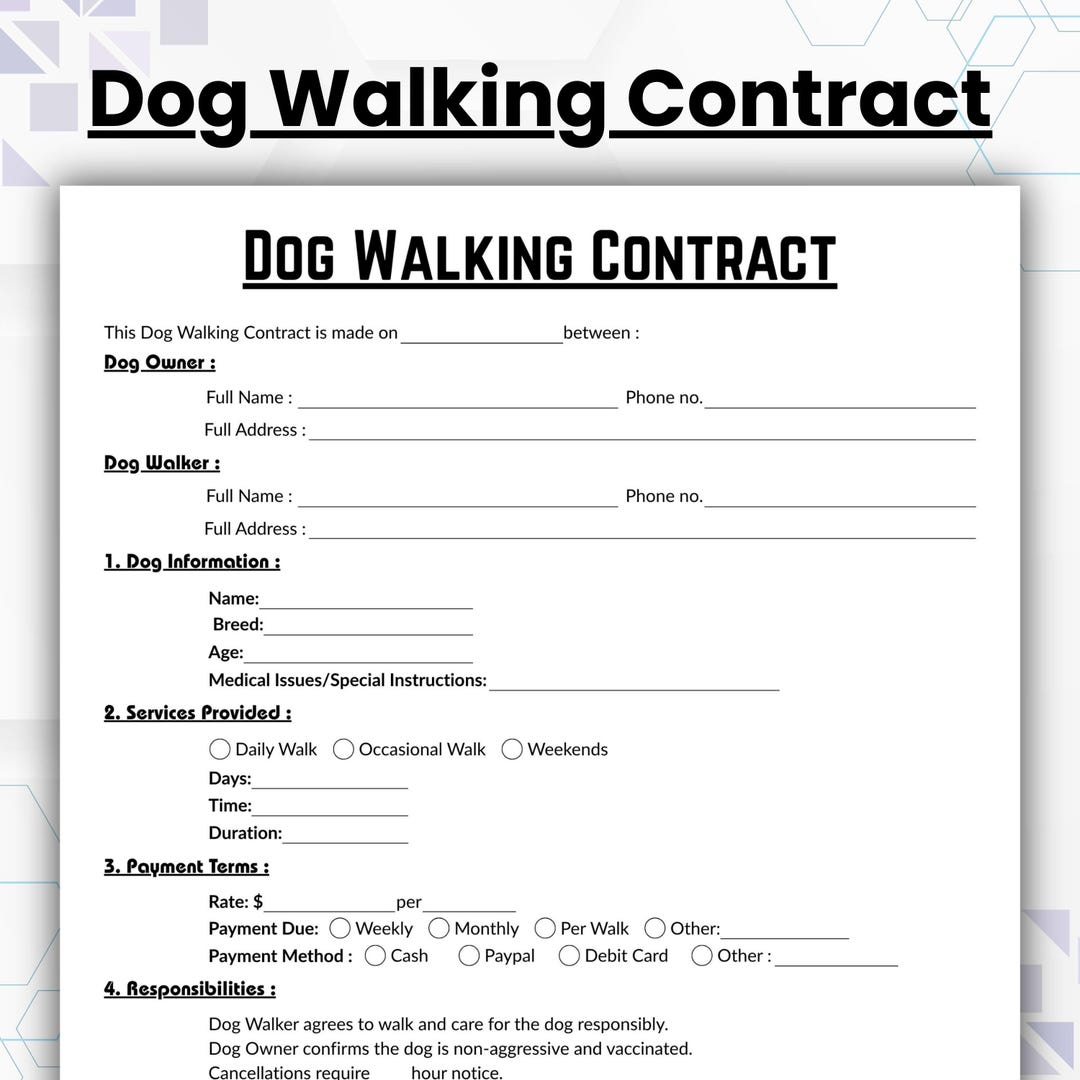 Editable Dog Walking Contract Template, Single Dog Walker Business Form ...