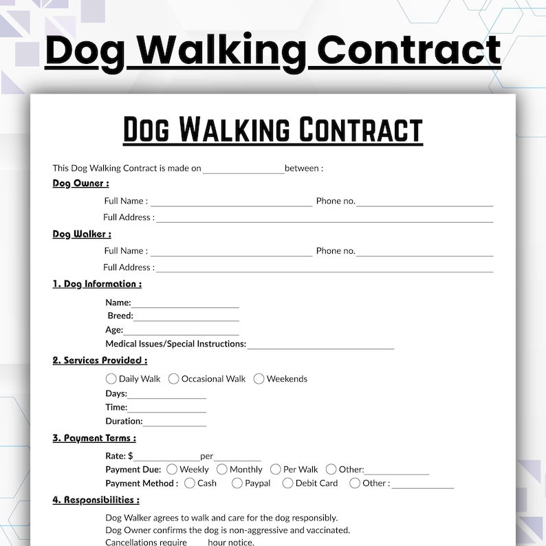 Editable Dog Walking Contract Template, Single Dog Walker Business Form, Printable Dog Walking ...