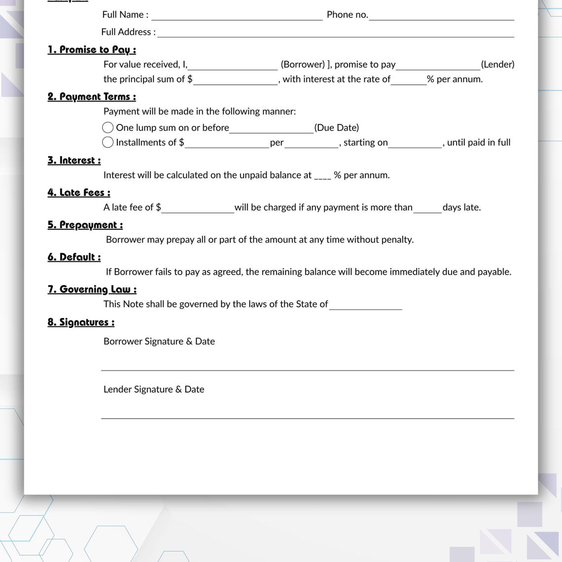 Editable Promissory Note Template, Single Page Personal Loan Agreement ...