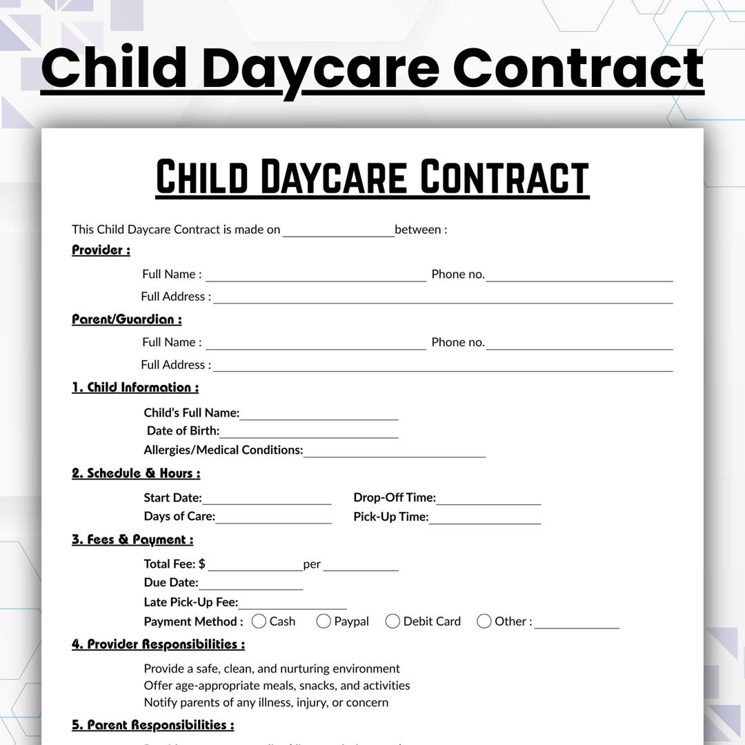 Editable Child Daycare Contract Template, Single Page Daycare Paperwork ...