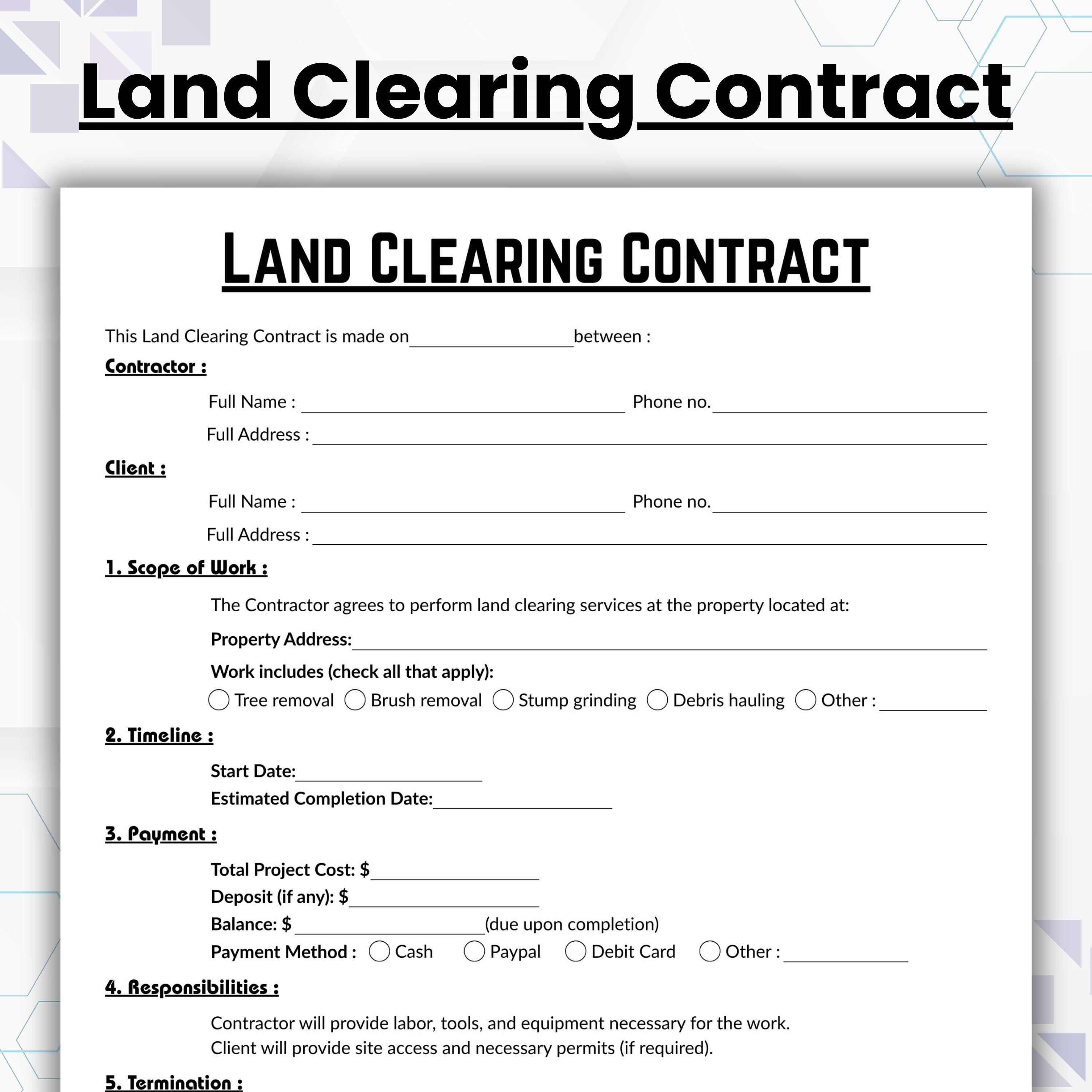 Editable Land Clearing Contract, Simple Land Management Document Form Template, Printable Land ...
