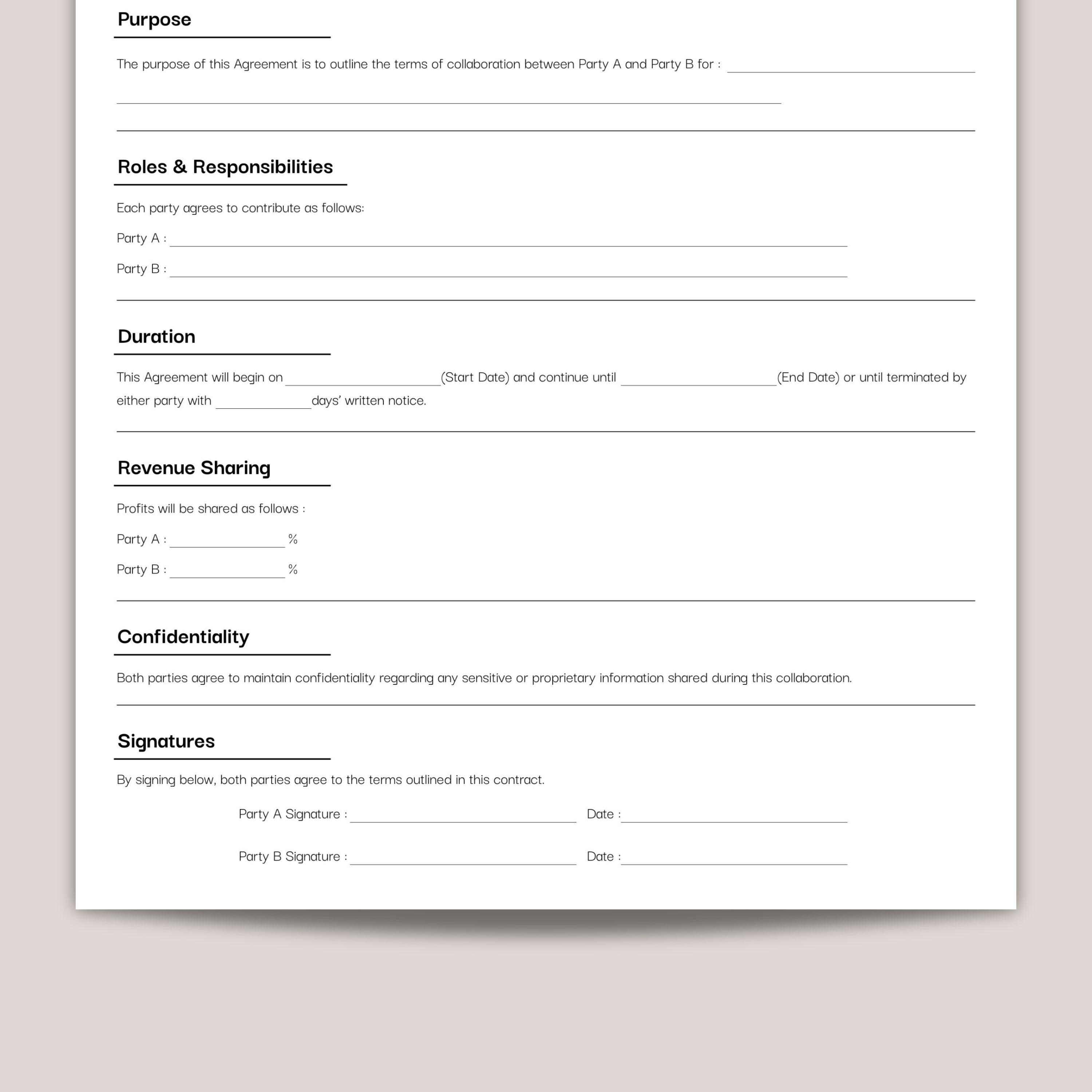 Minimalist Collaboration Agreement Template, Simple Editable Business ...