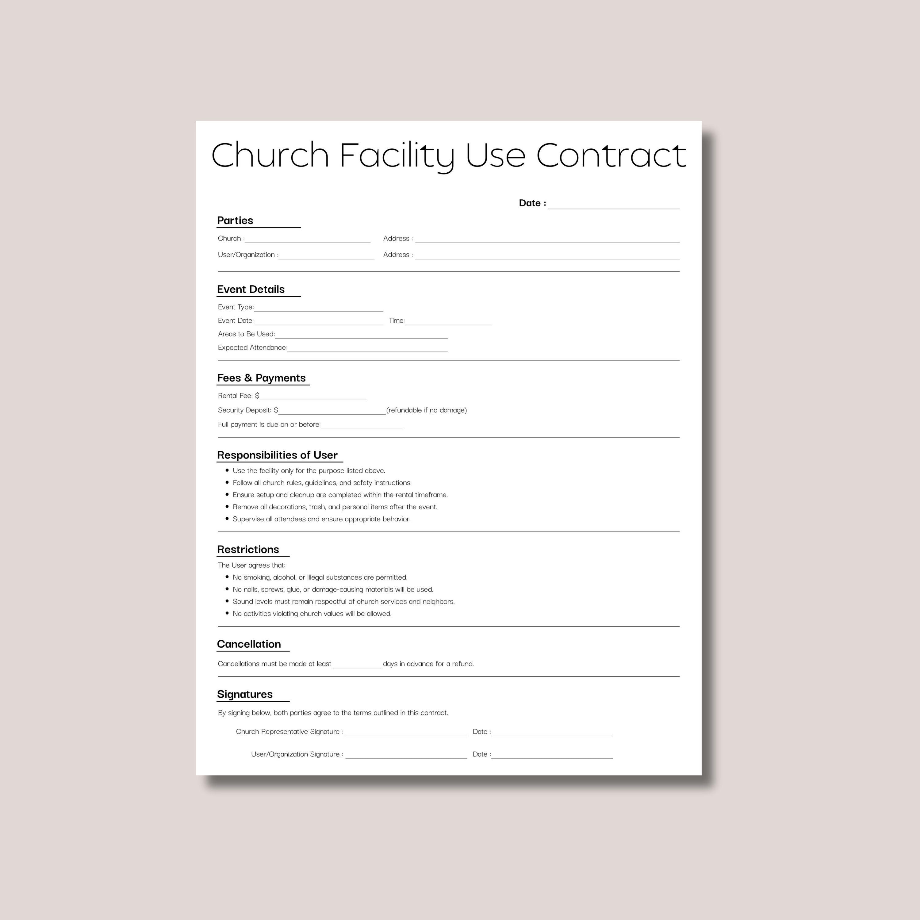 Minimalist Church Facility Use Contract Template, Simple Church Rental ...