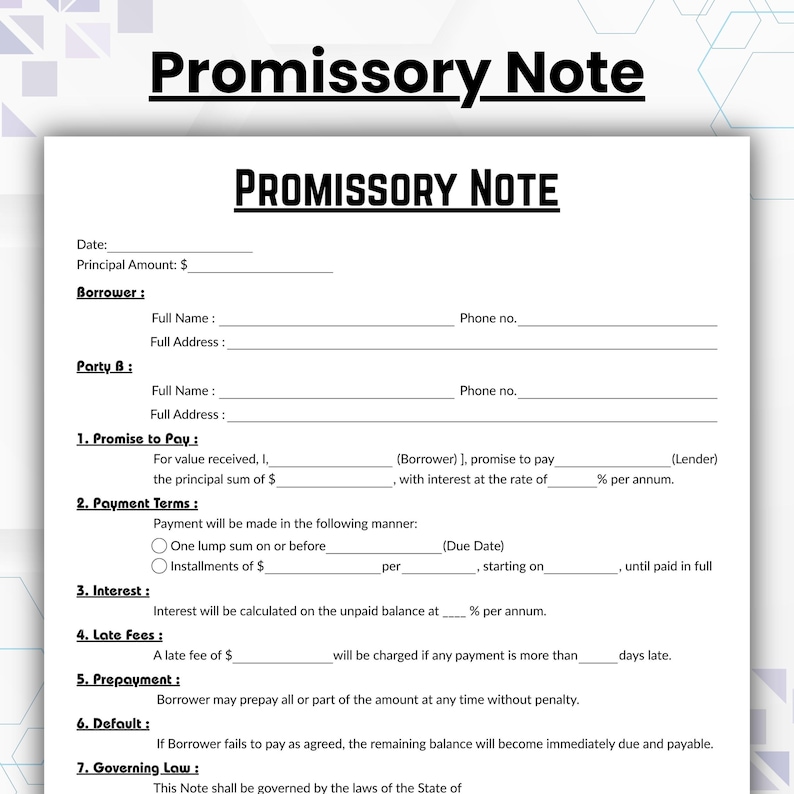 Editable Promissory Note Template, Single Page Personal Loan Agreement ...