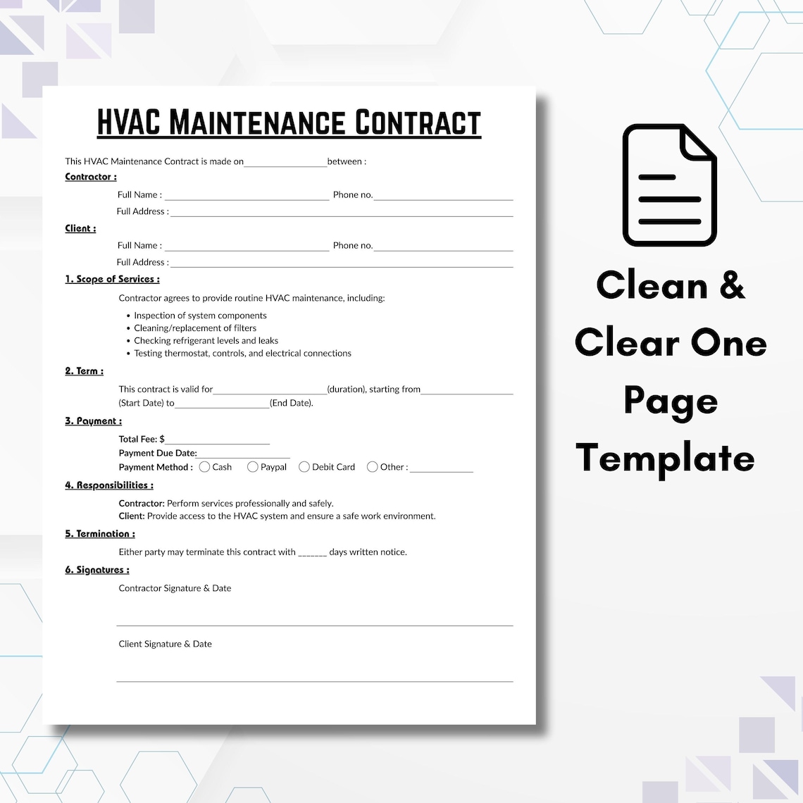 Editable HVAC Maintenance Contract, Simple Heating, Cooling Service ...