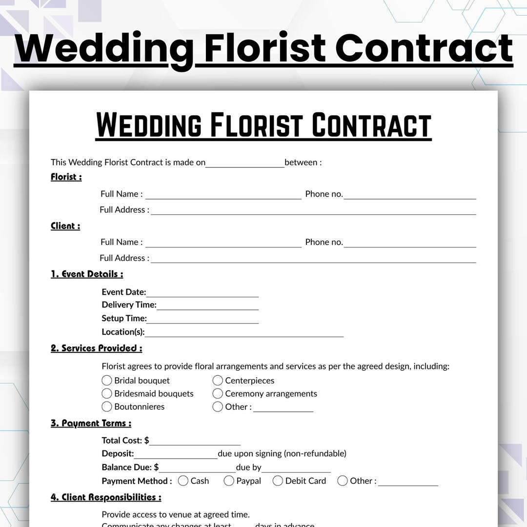 Editable Wedding Florist Contract Template, Single Page Event Floral ...