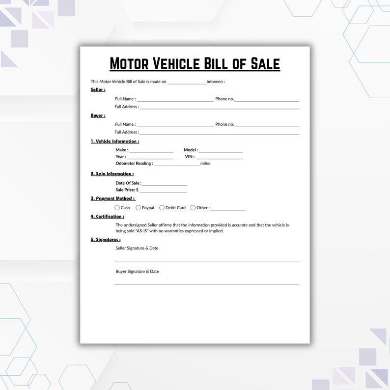 Editable Motor Vehicle Bill of Sale Agreement Template, Single Page Car ...