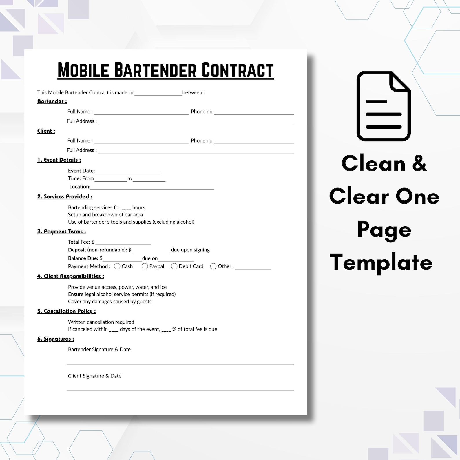 Editable Mobile Bartender Contract Template, Single Page Mobile Bar ...