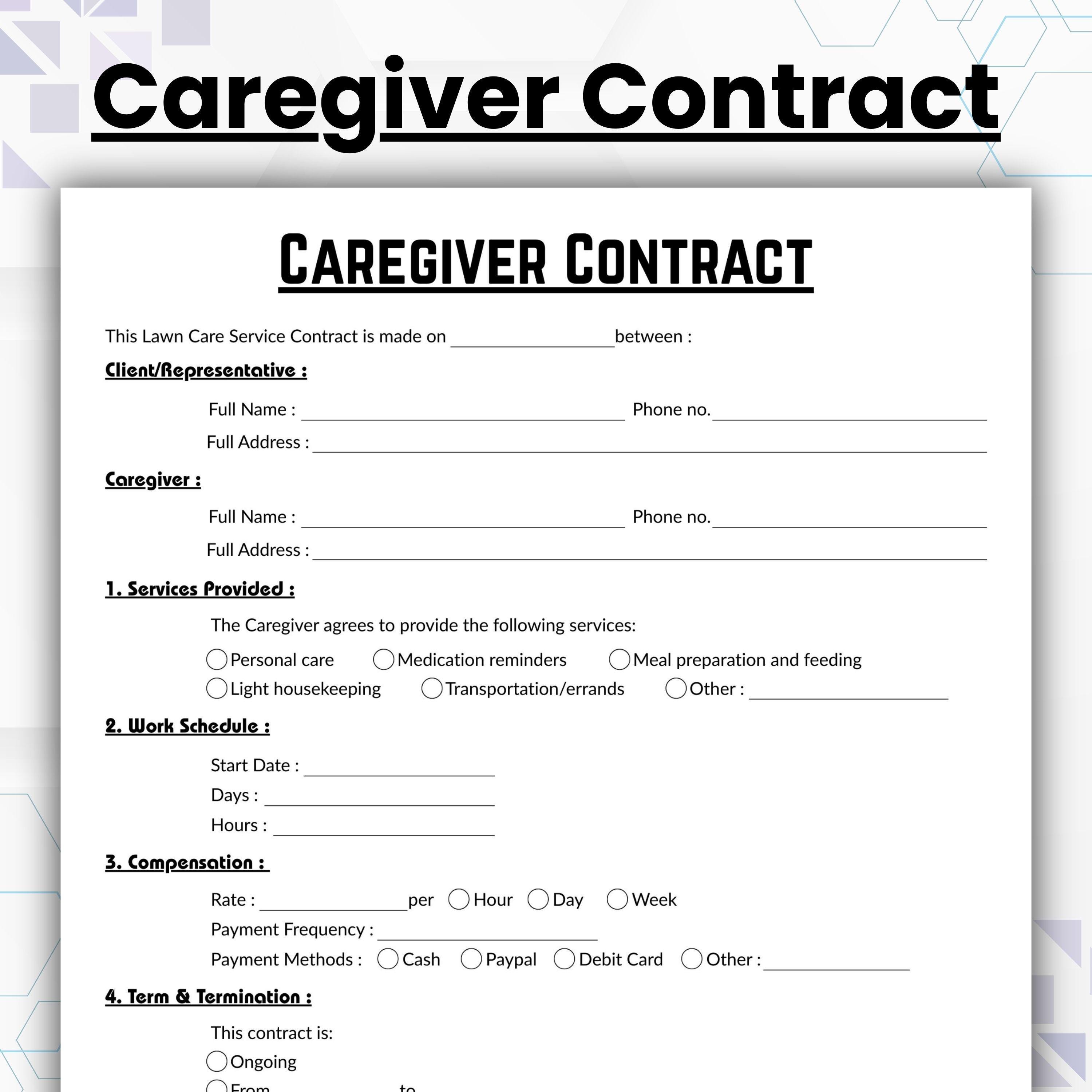 Editable Caregiver Contract Template, Single Page Homecare Agreement ...