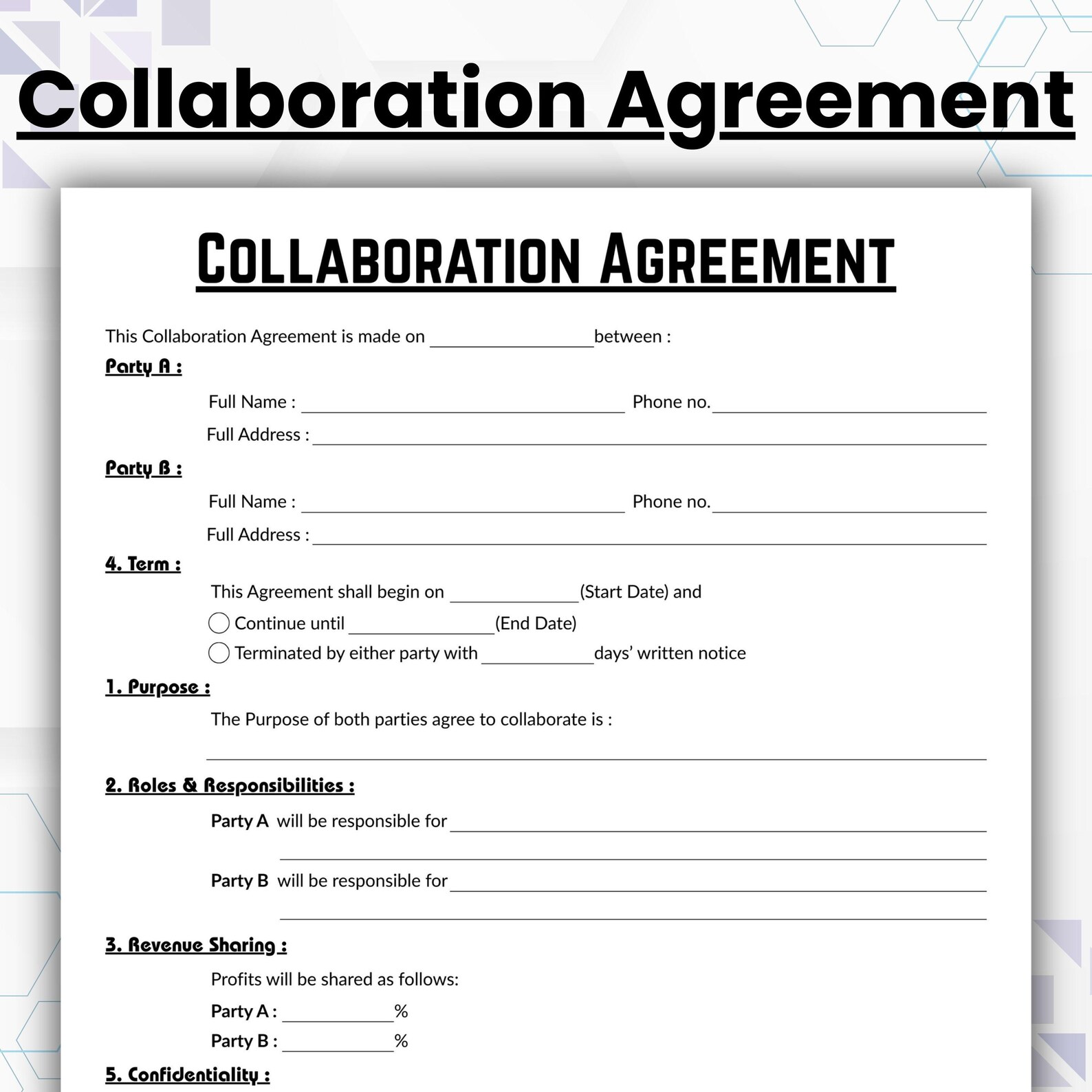 Editable Collaboration Agreement Template, Single Page Business ...