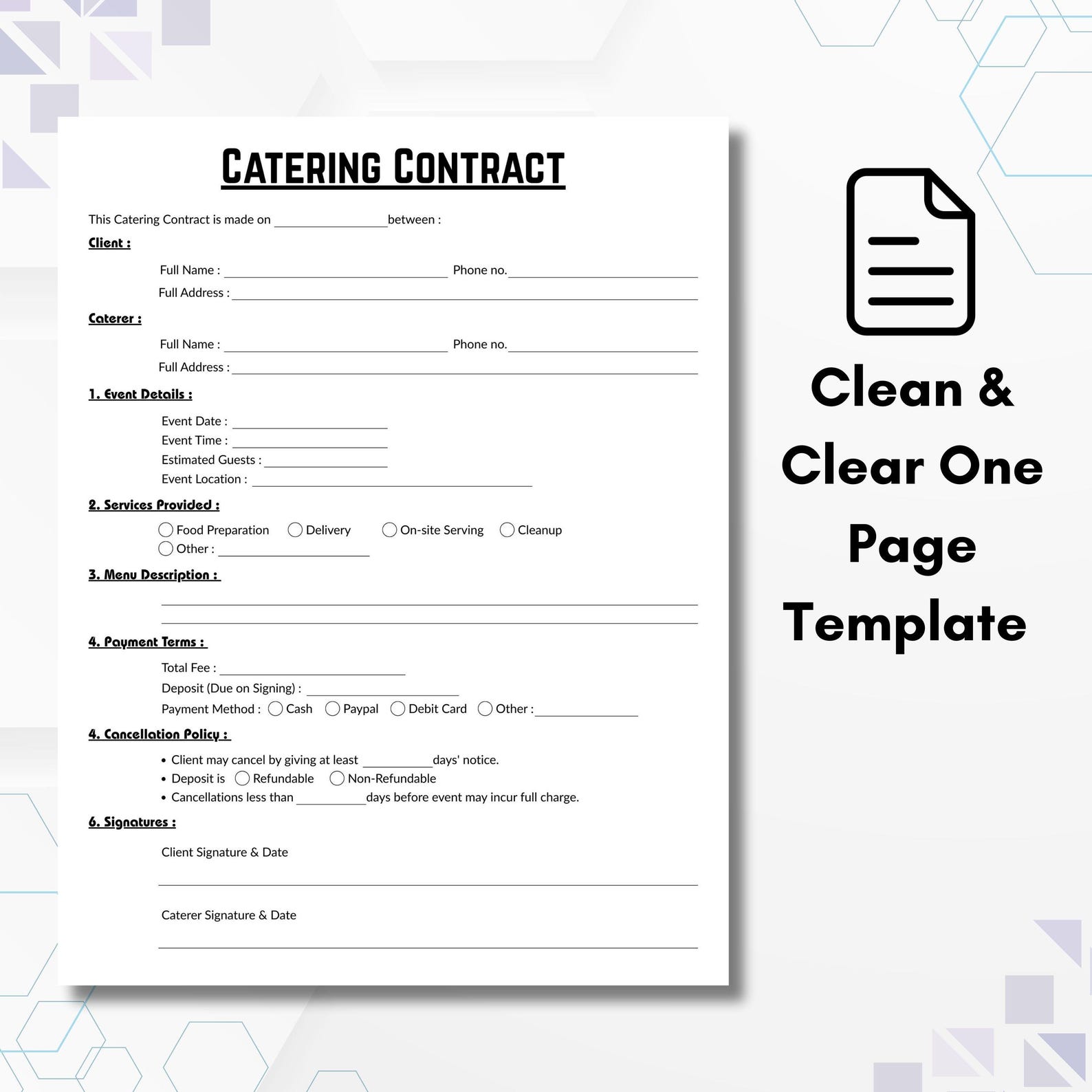 Editable Catering Contract Template, Single Page Catering Service ...
