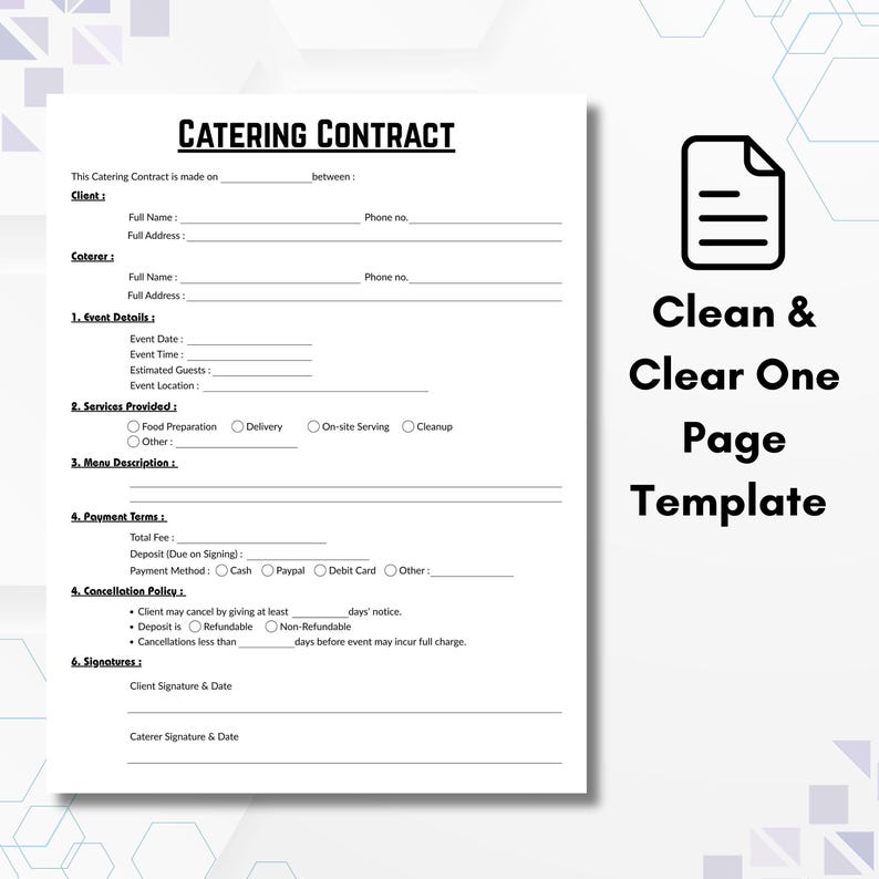 Editable Catering Contract Template, Single Page Catering Service ...