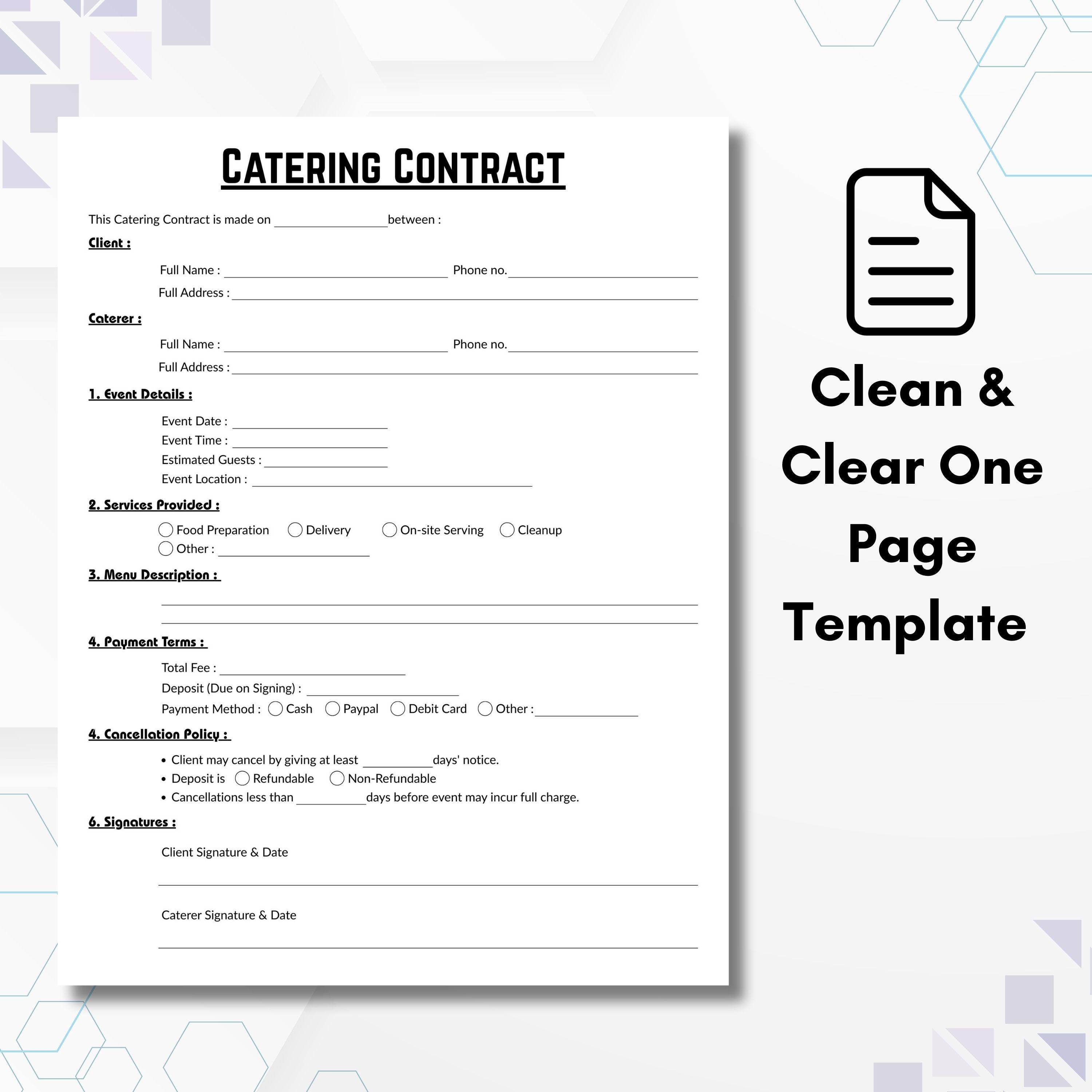 Editable Catering Contract Template, Single Page Catering Service ...