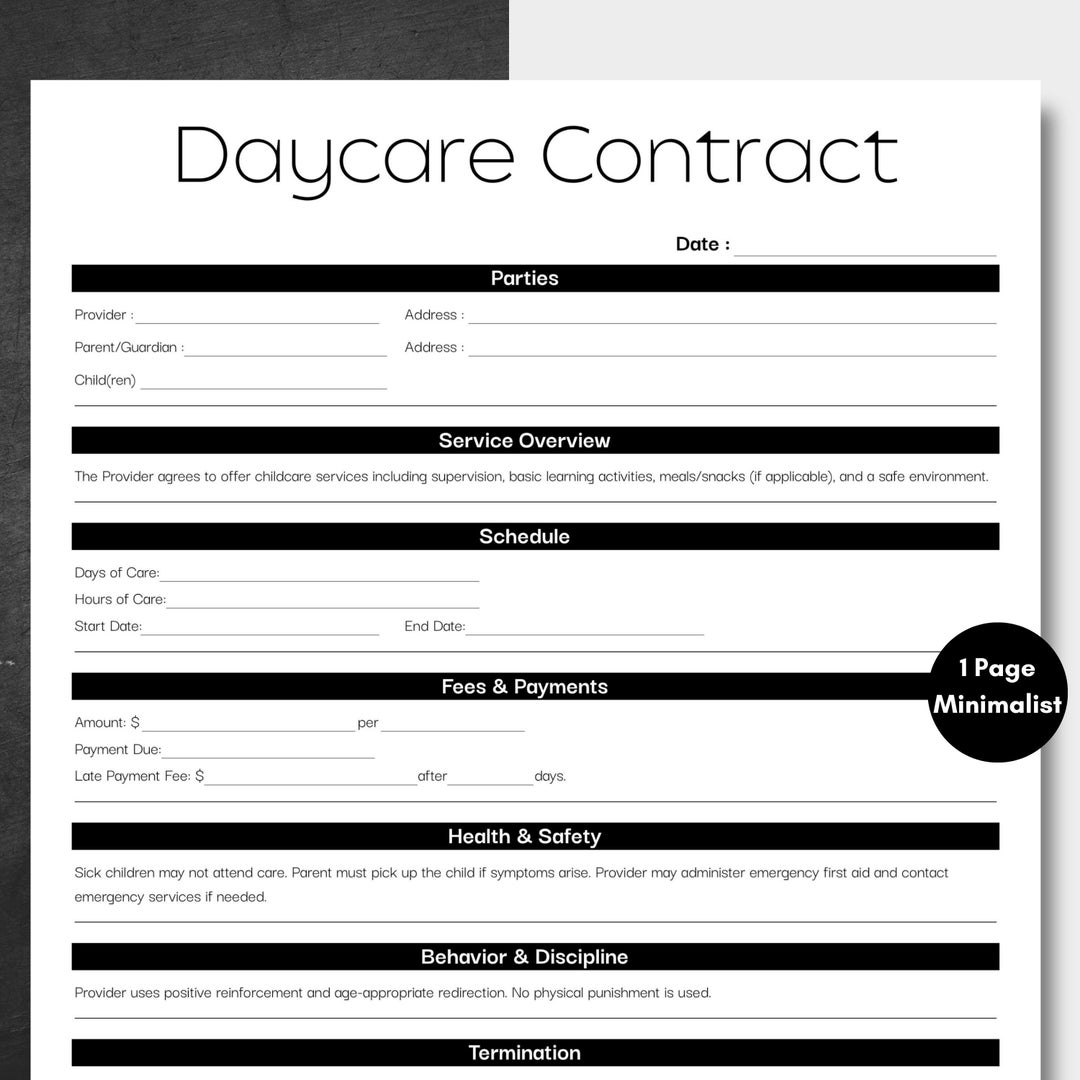 Minimalist Daycare Contract Black, Simple Editable Daycare Agreement ...