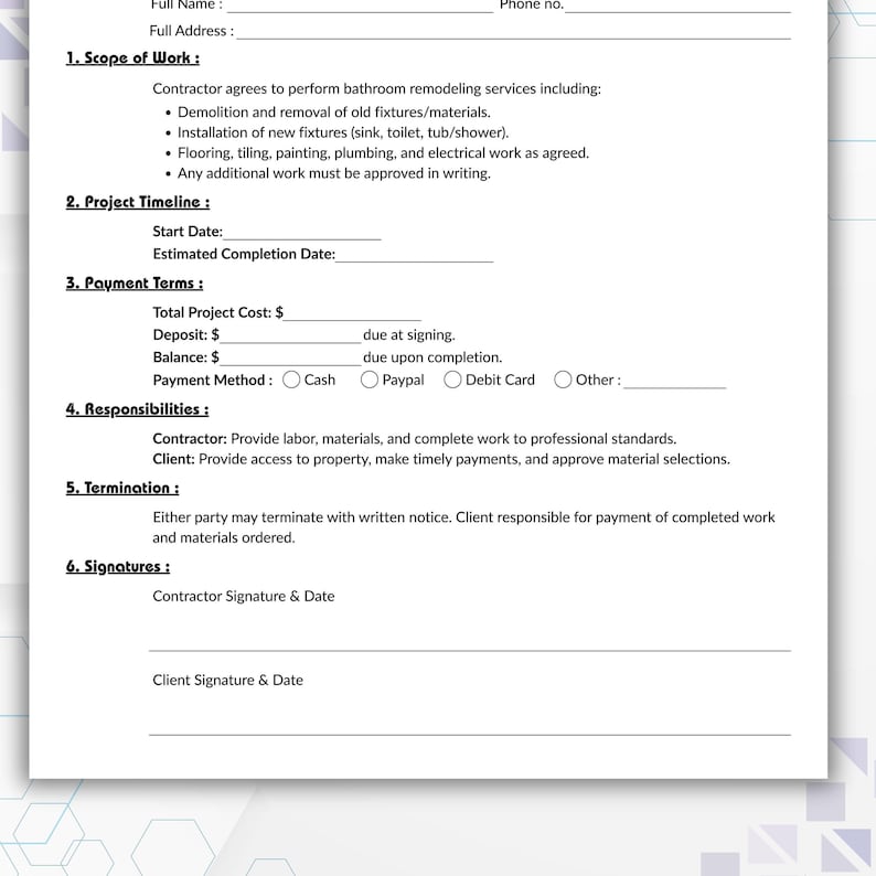 Editable Bathroom Remodel Contract, Simple Remodeling Agreement Form ...