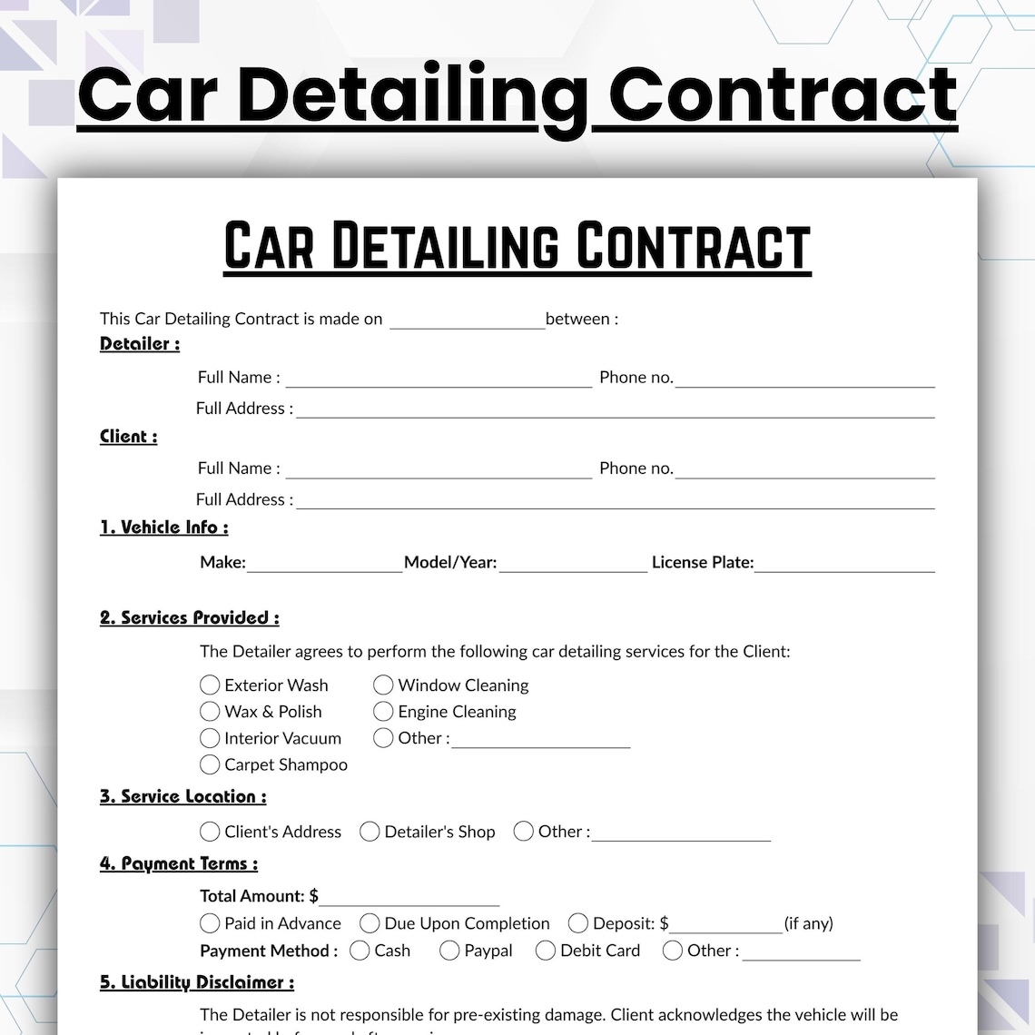 Editable Car Detailing Contract Template, Single Detailing Service ...