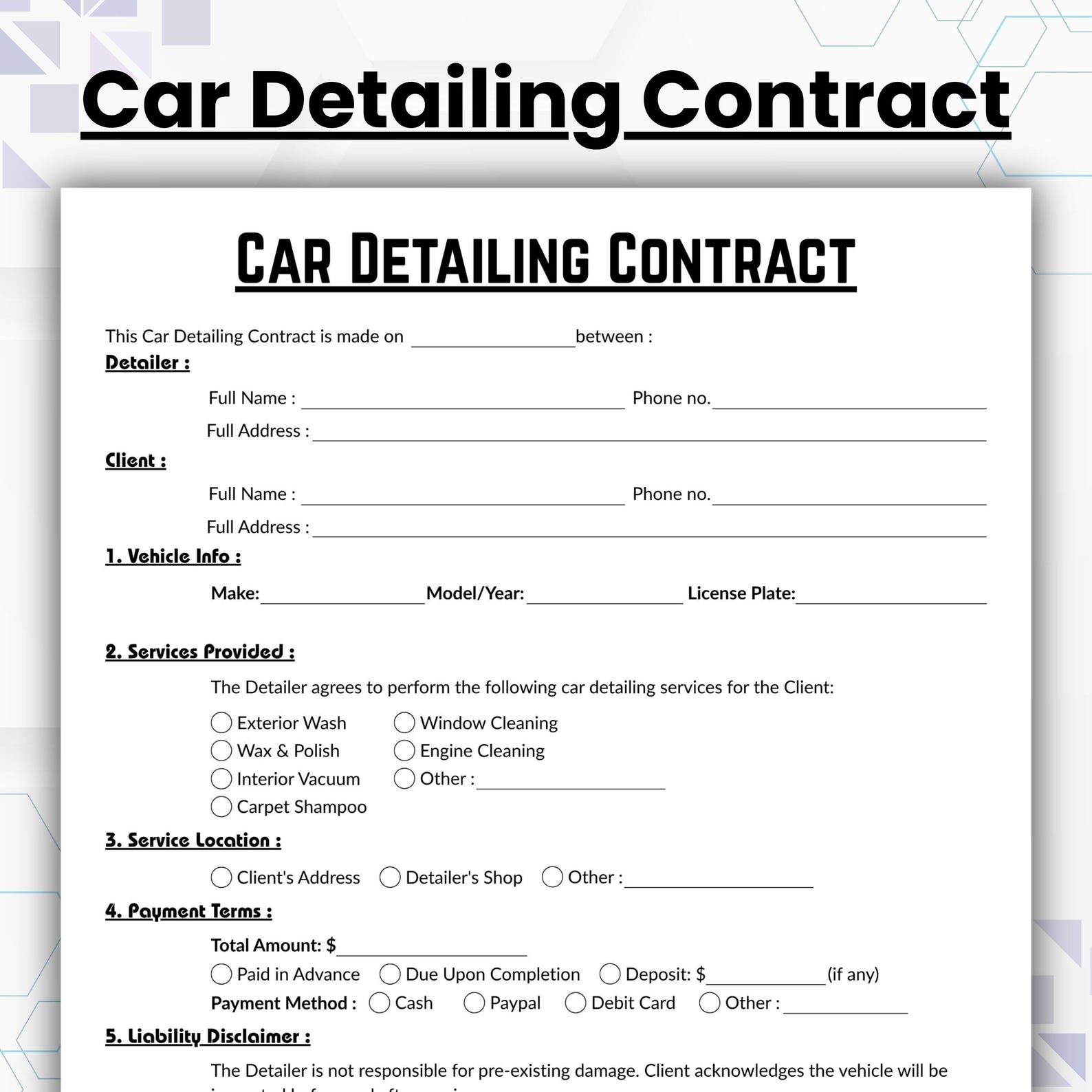 Editable Car Detailing Contract Template, Single Detailing Service ...