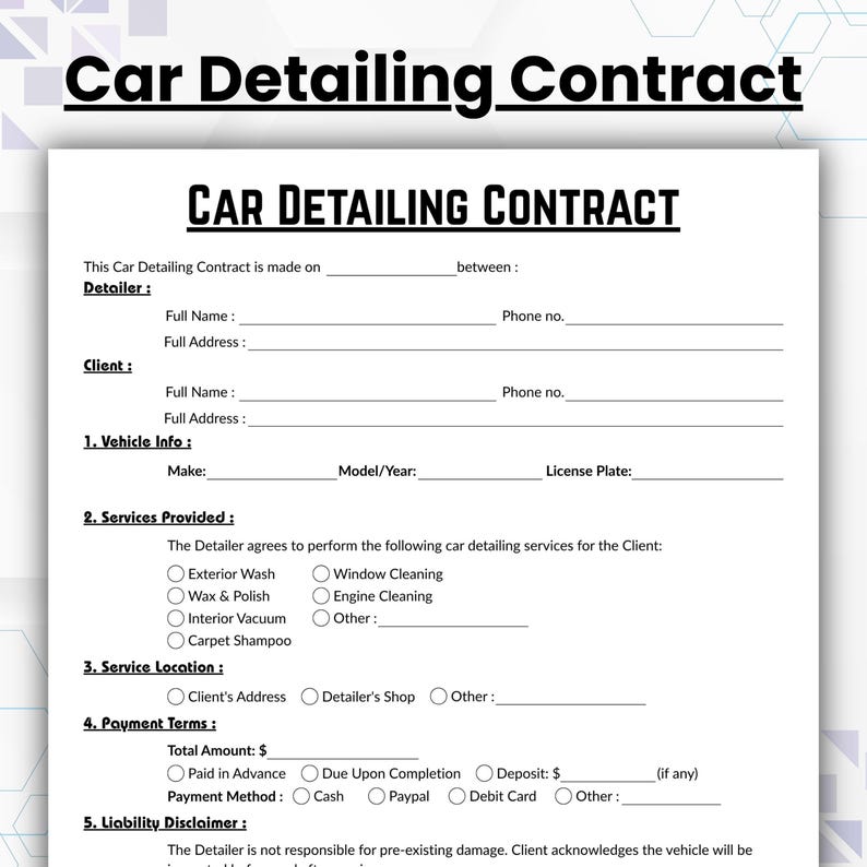 Editable Car Detailing Contract Template, Single Detailing Service ...