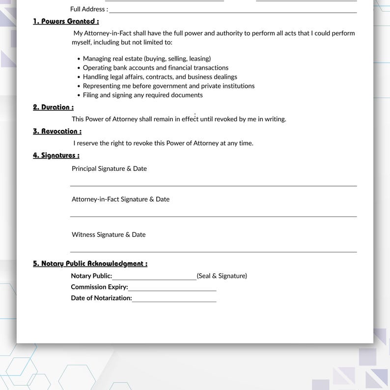 Editable General Power of Attorney Template, Single Page POA Form ...