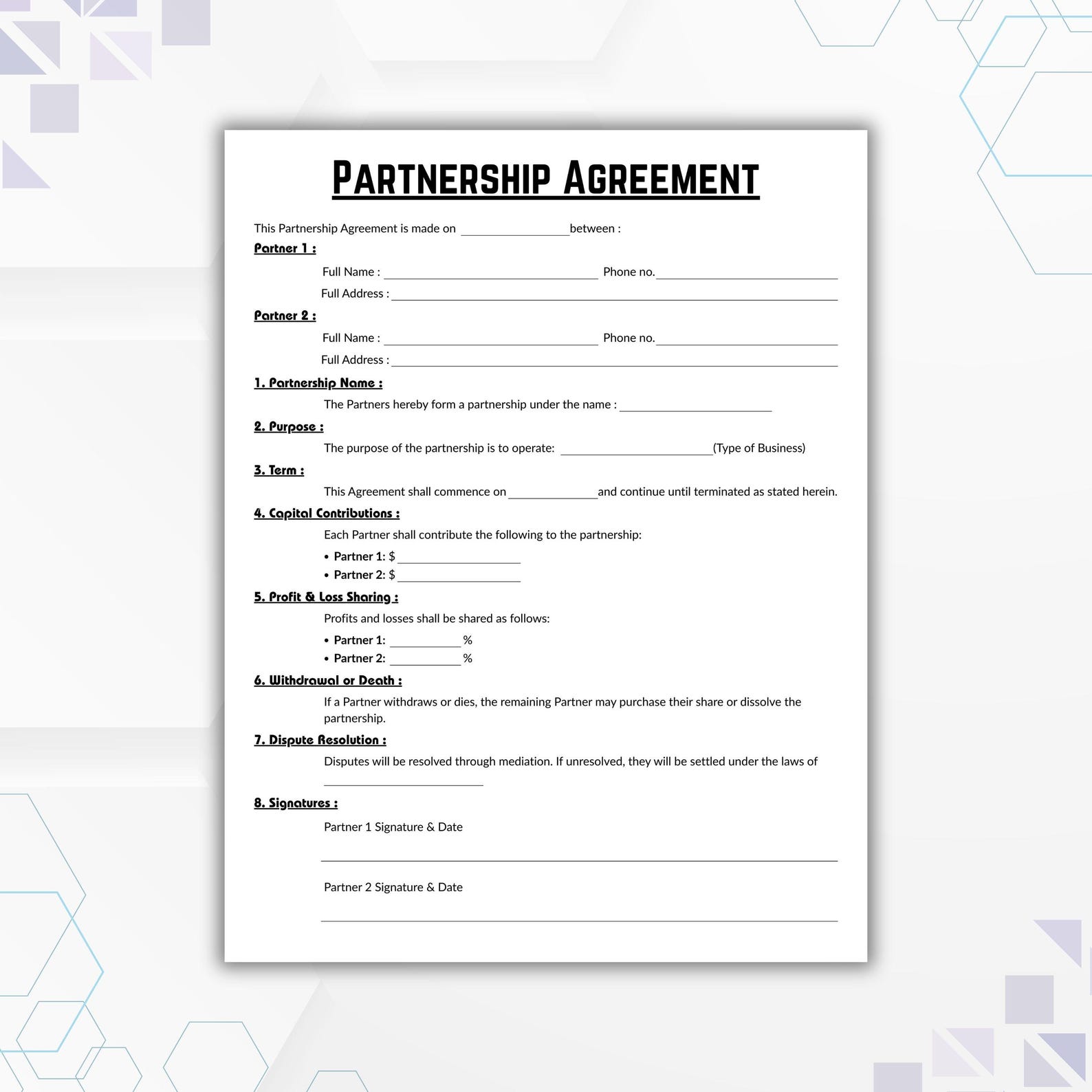 Editable Partnership Agreement Template, Single Page 50-50 Business ...