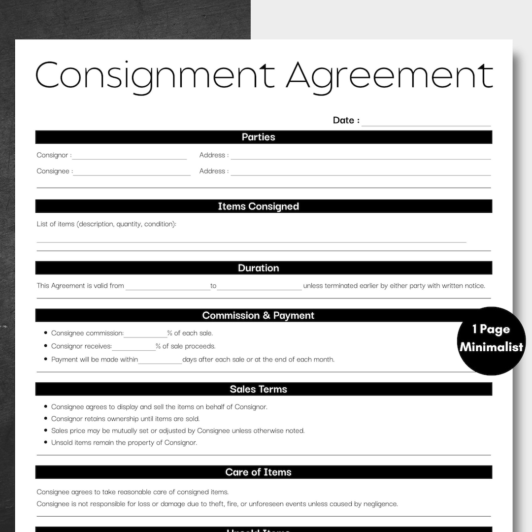 Minimalist Consignment Agreement Black, Simple Editable Consignment ...
