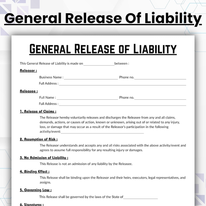 Editable General Release of Liability Template, Single Informed Consent ...