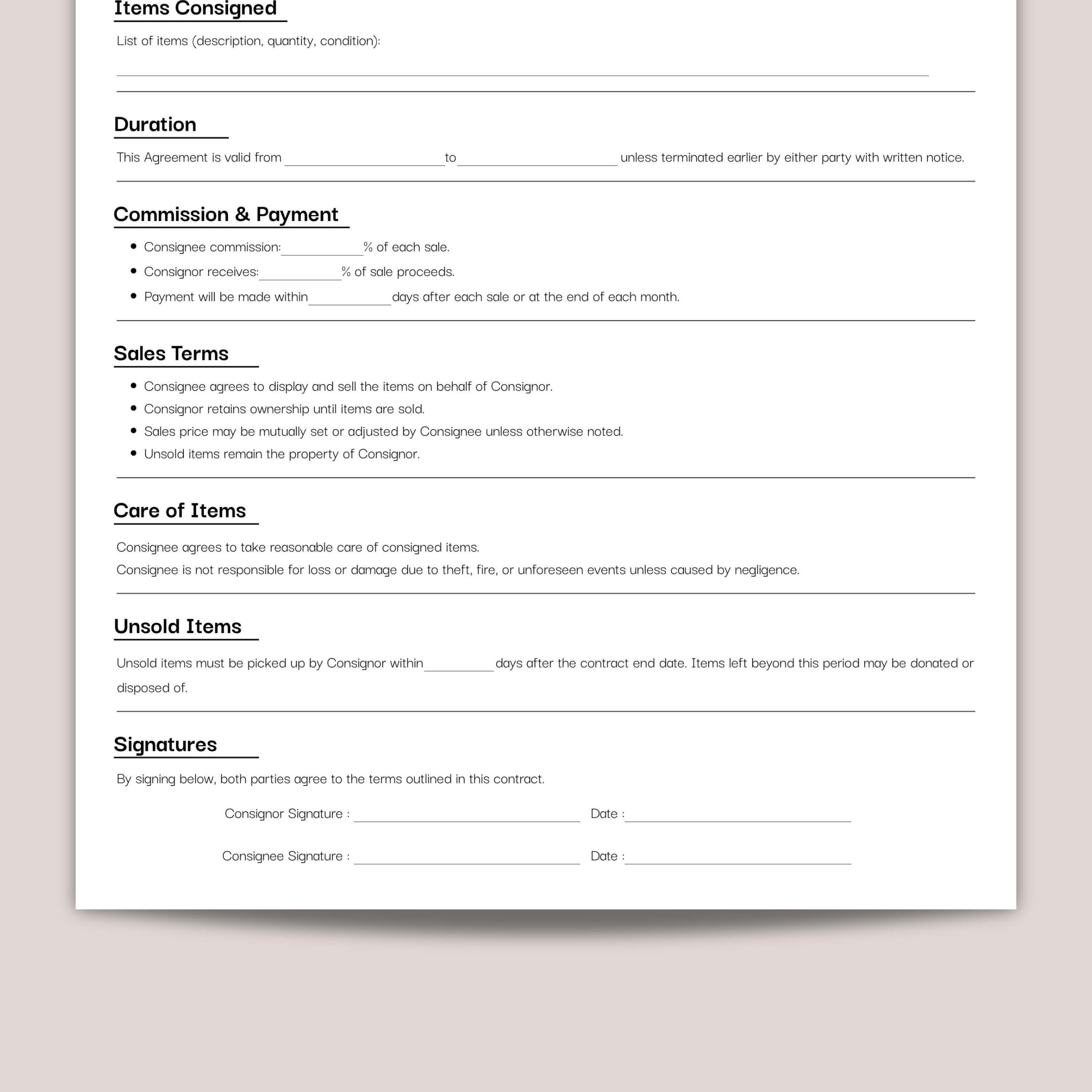 Minimalist Consignment Agreement Template, Simple Editable Consignment ...