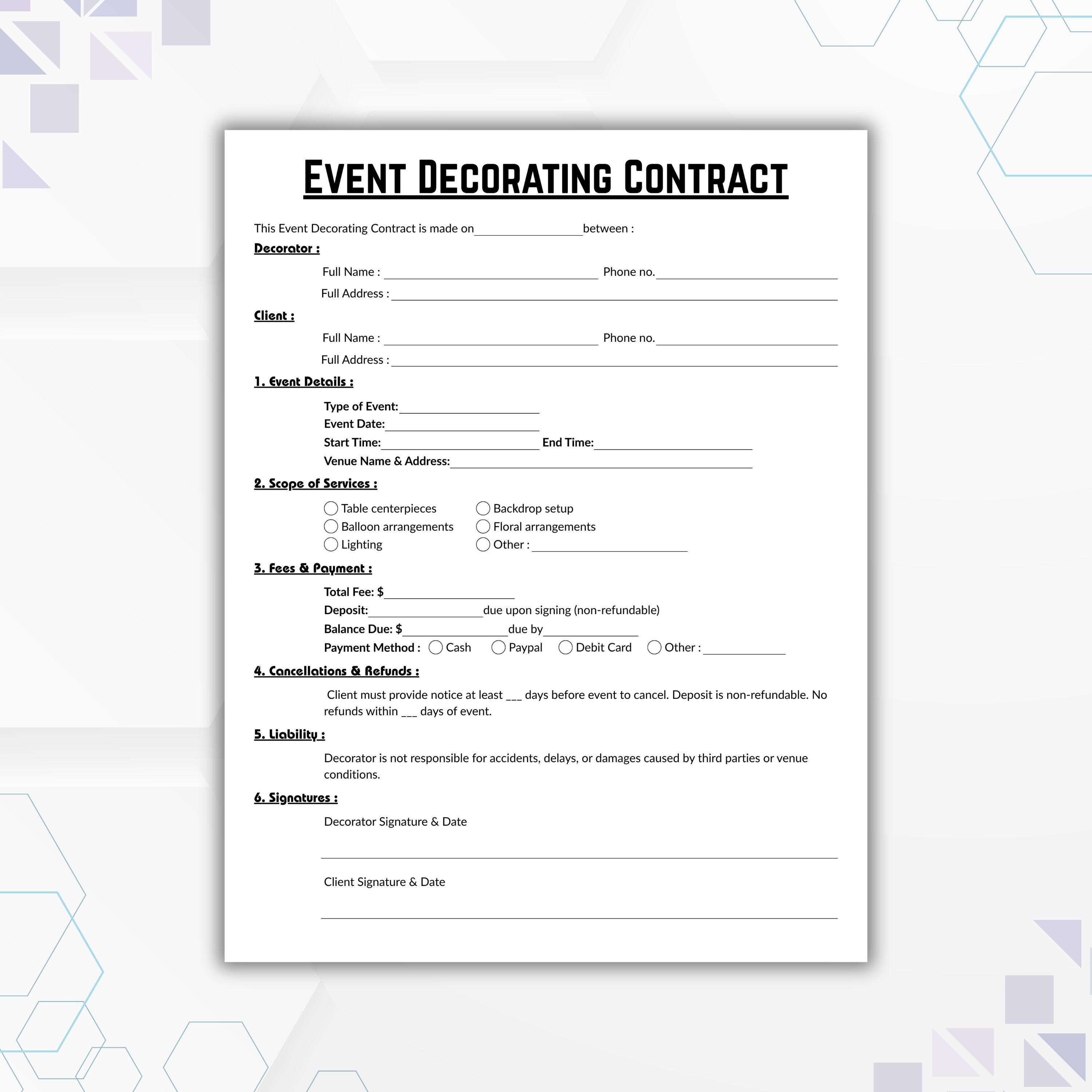Editable Event Decorating Contract, Simple Event Planning Service Form ...