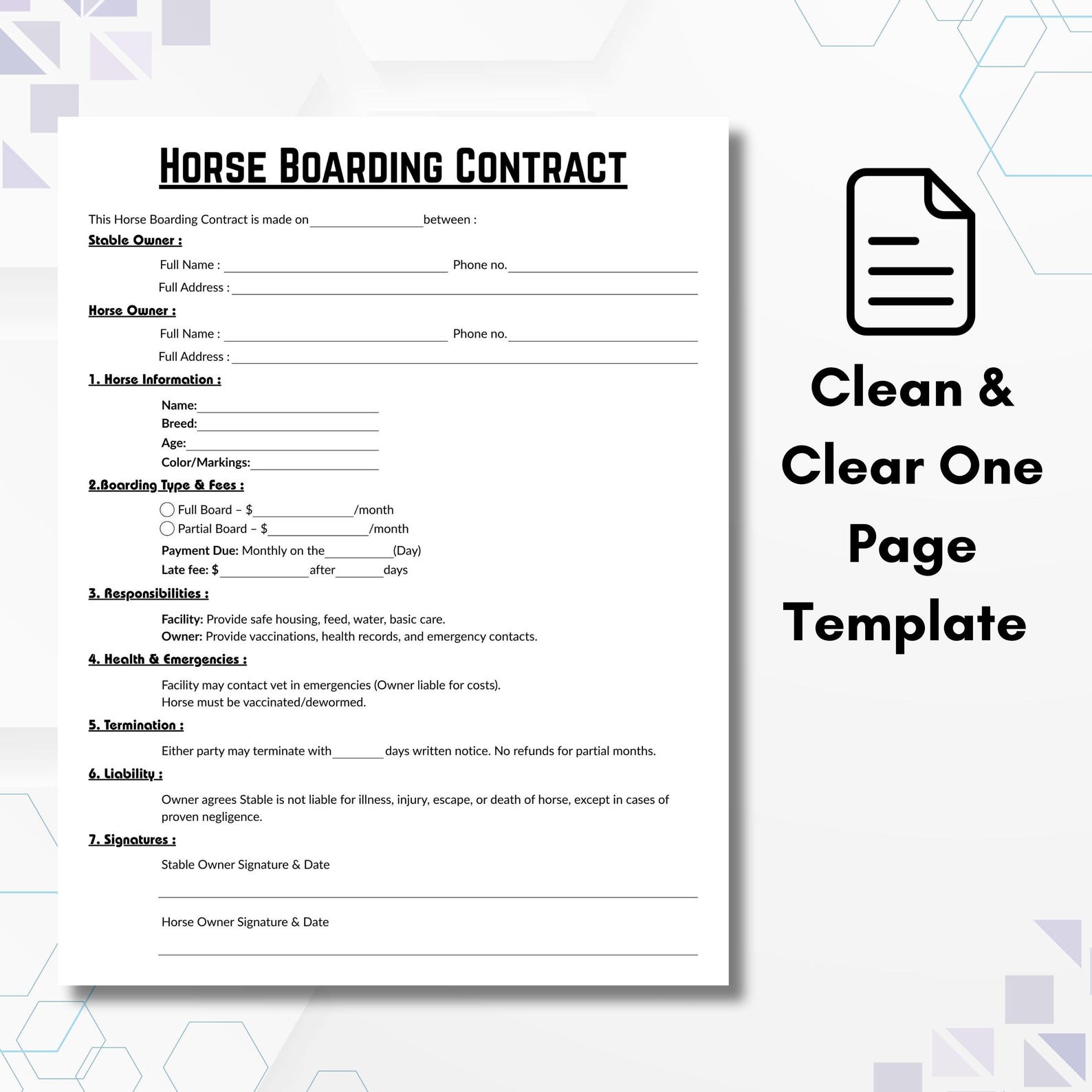 Editable Horse Boarding Contract Template, Single Equine Boarding ...