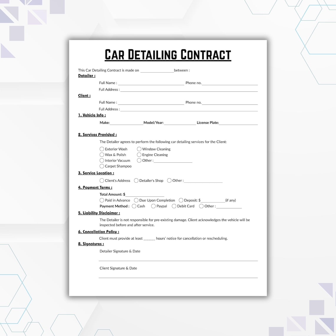Editable Car Detailing Contract Template, Single Detailing Service ...
