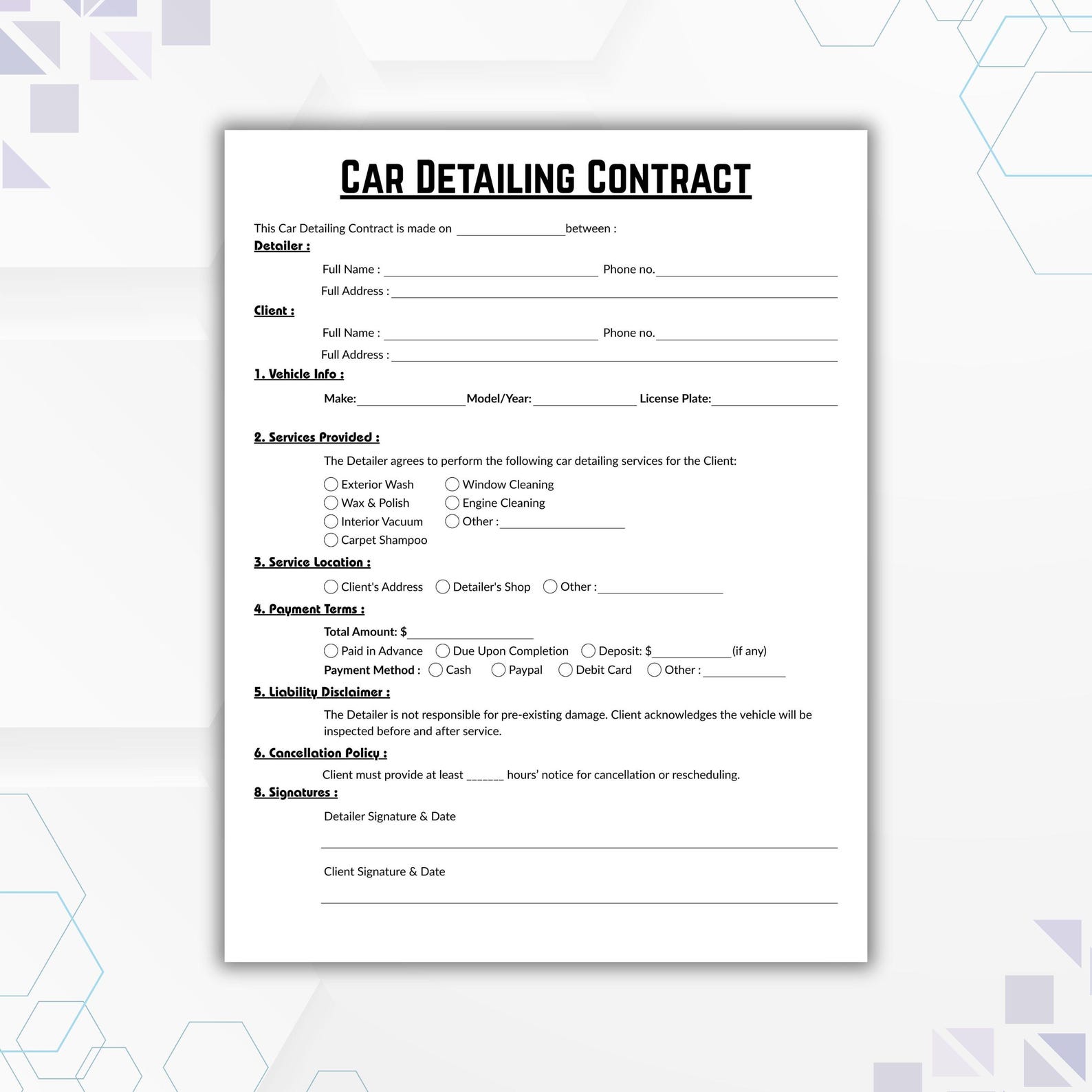 Editable Car Detailing Contract Template, Single Detailing Service ...