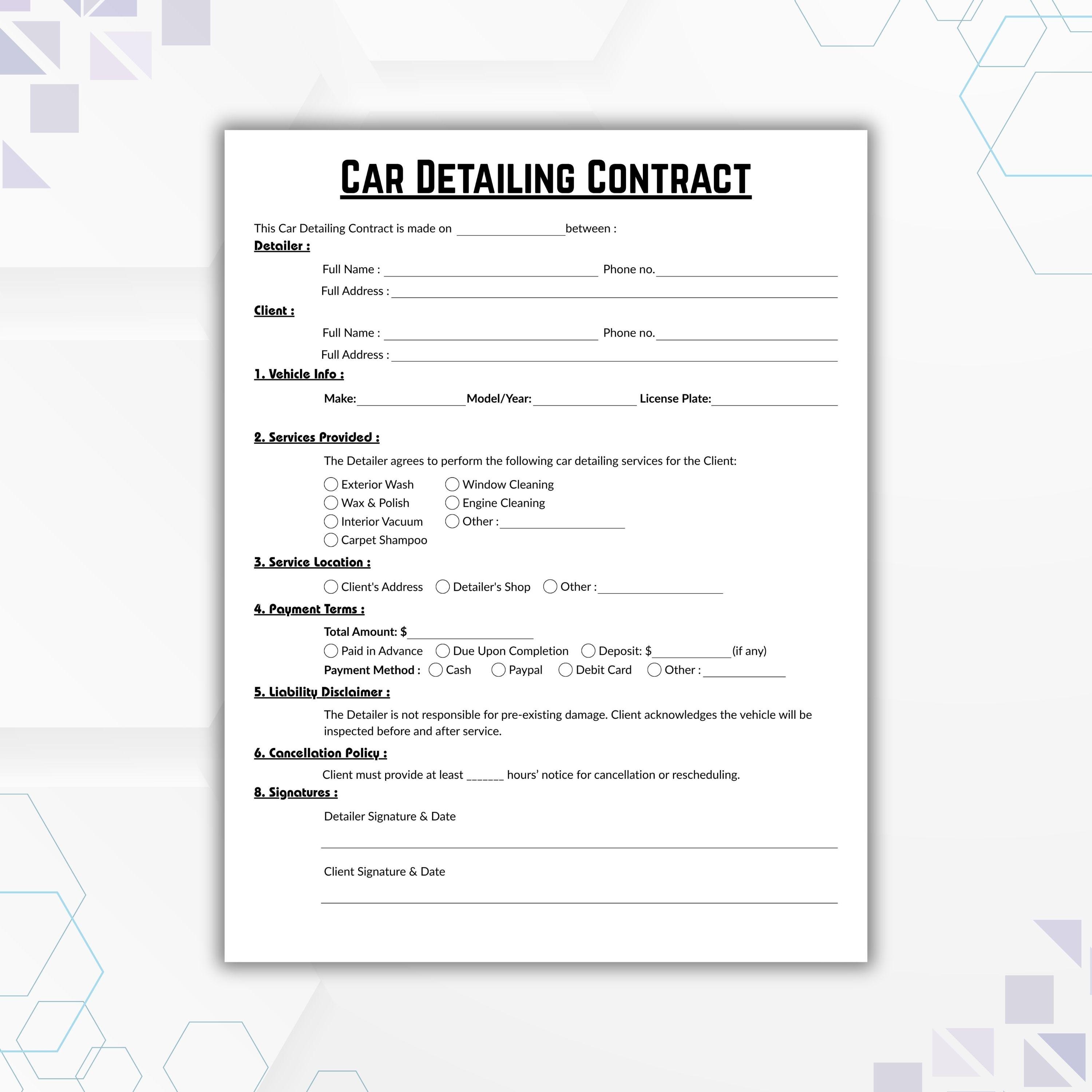Editable Car Detailing Contract Template, Single Detailing Service ...