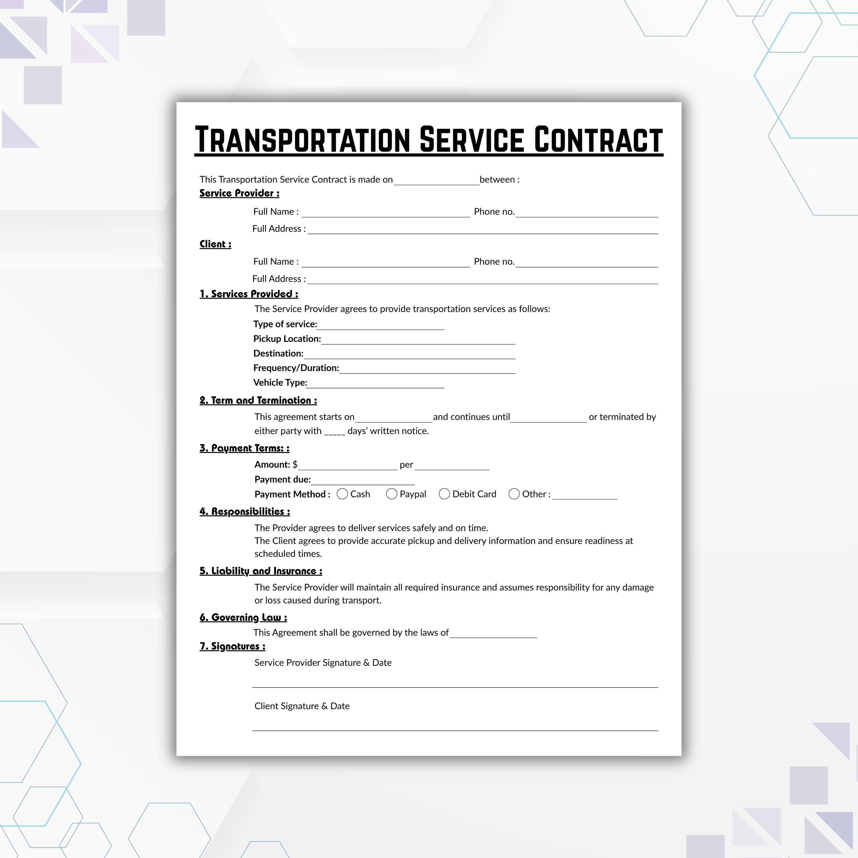 Editable Transportation Service Contract Template, Single Page ...