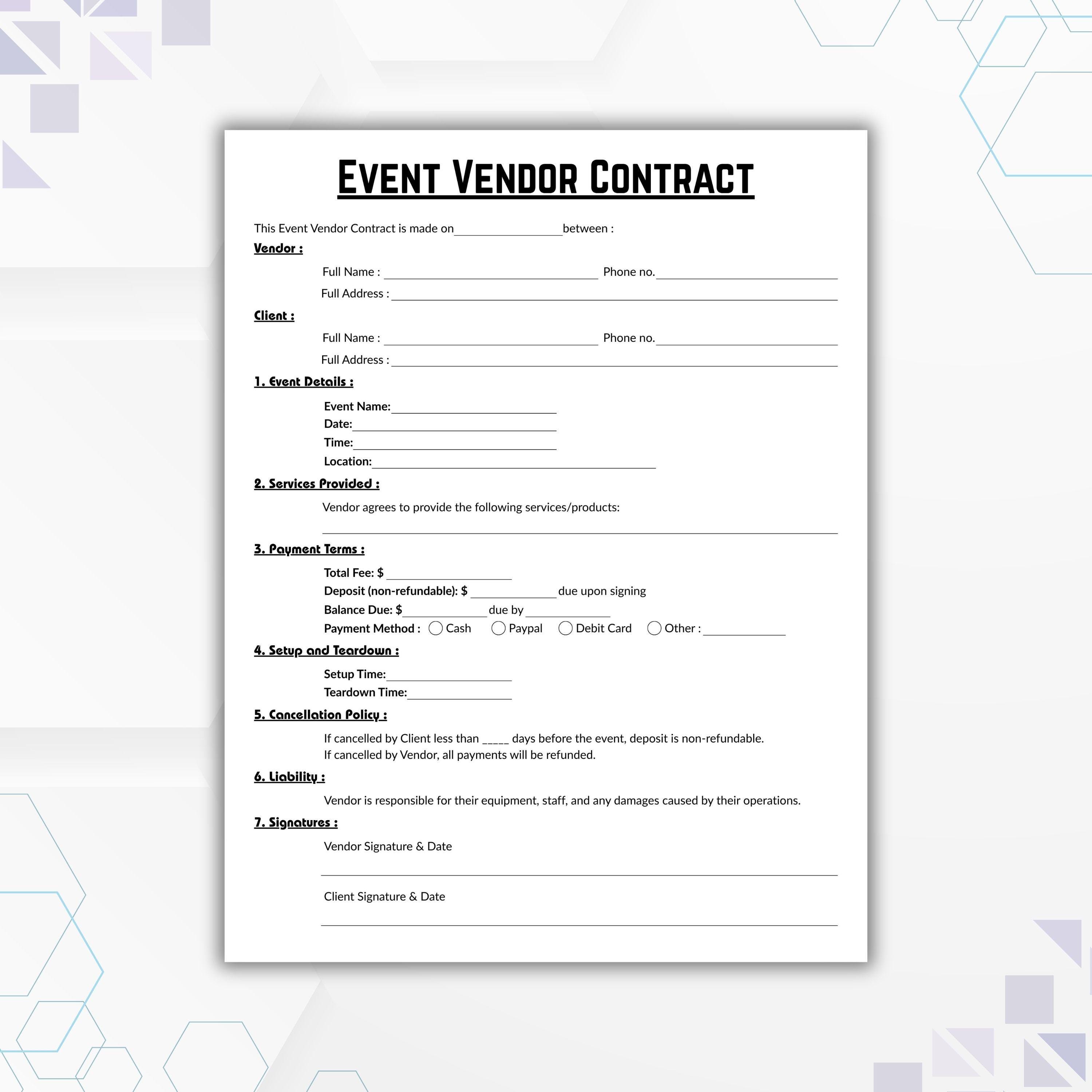 Editable Event Vendor Contract Template, Single Page Popup Event Vendor ...