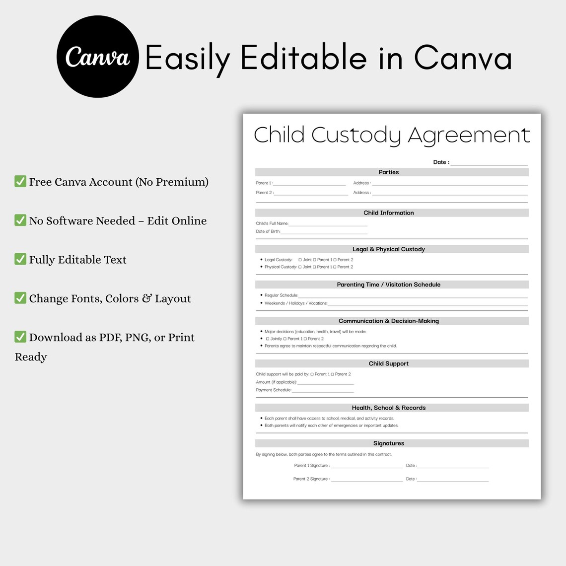 Minimalist Child Custody Agreement, Simple Co-parenting Contract ...