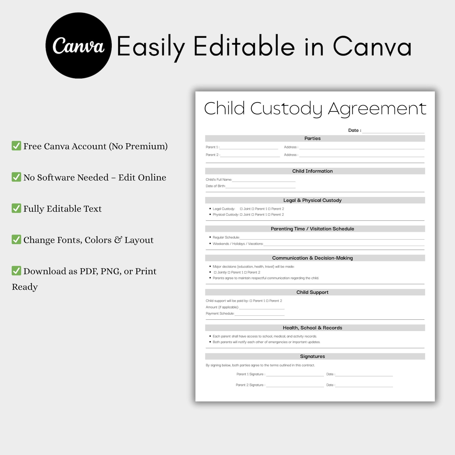 Minimalist Child Custody Agreement, Simple Co-parenting Contract ...