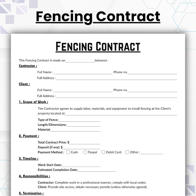 Editable Fencing Contract, Simple Fence Contract Template, Printable ...