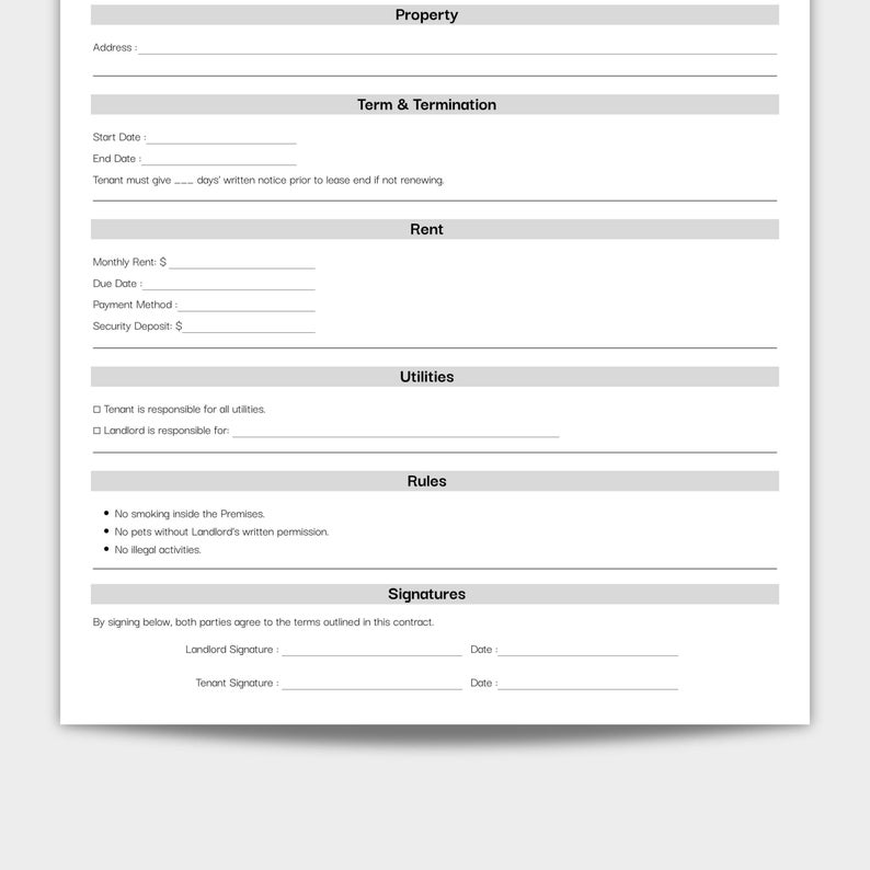 Minimalist Residential Lease Agreement, Simple Housing Contract ...