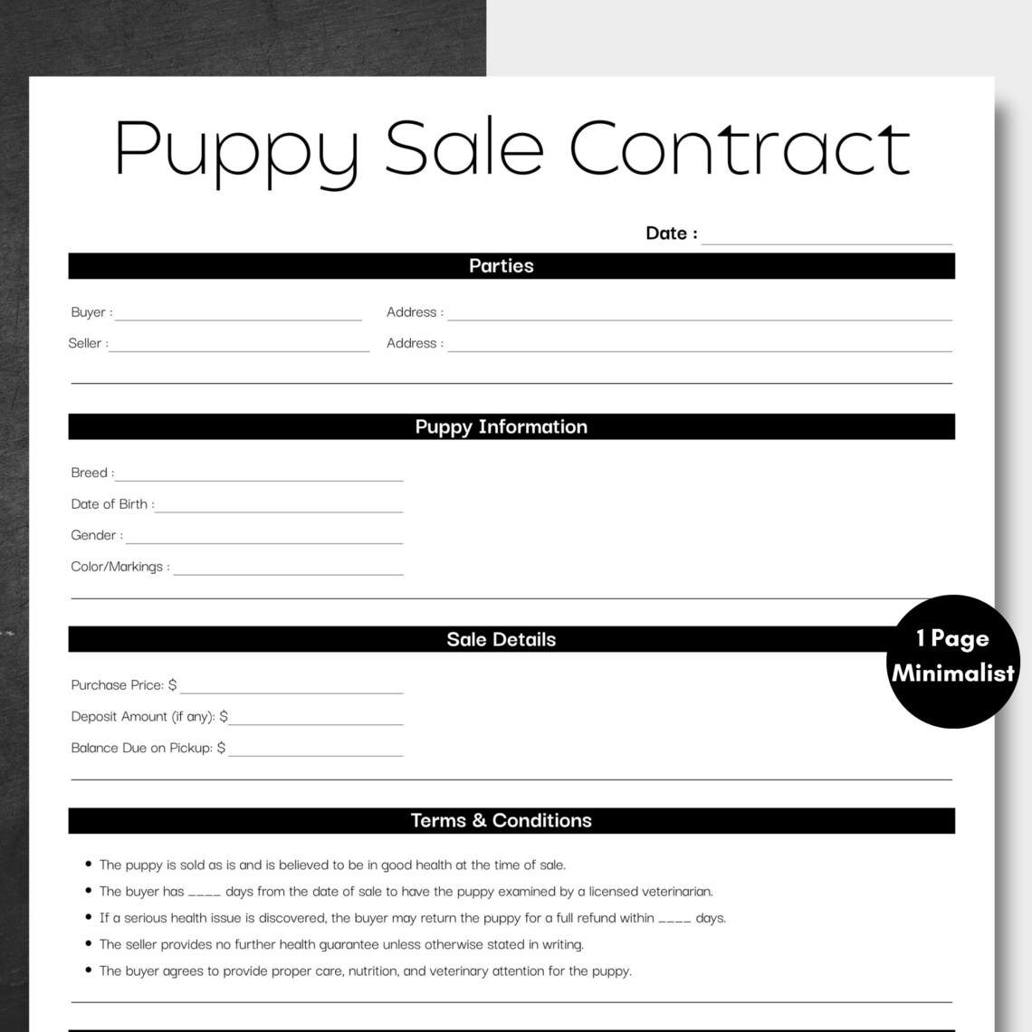 Minimalist Puppy Sales Agreement Black, Simple Dog Sale Form Template ...
