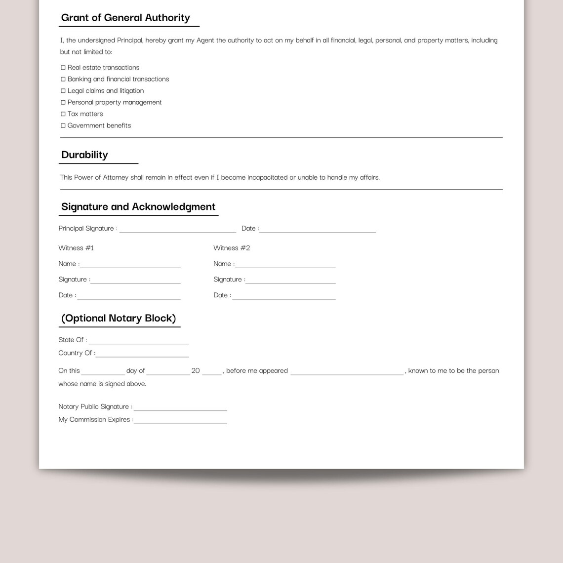 Minimalist Durable Power of Attorney Template, Simple Durable Financial ...