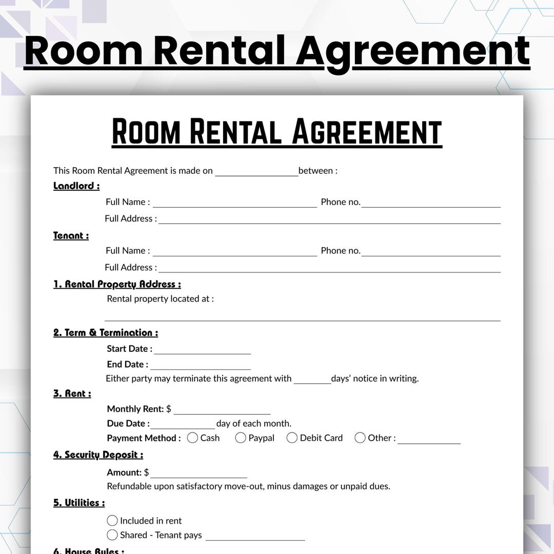 Editable Room Rental Agreement Template, Single Page Room Tenancy ...