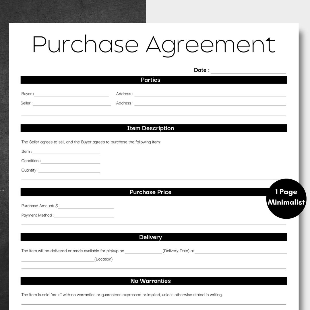 Minimalist Purchase Agreement Black, Simple Purchase and Sale Contract ...