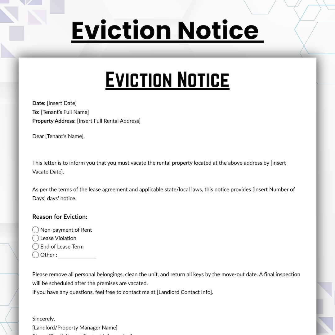 Editable Eviction Notice Template, Single Page Landlord Notice to Vacate Form, Printable Lease ...